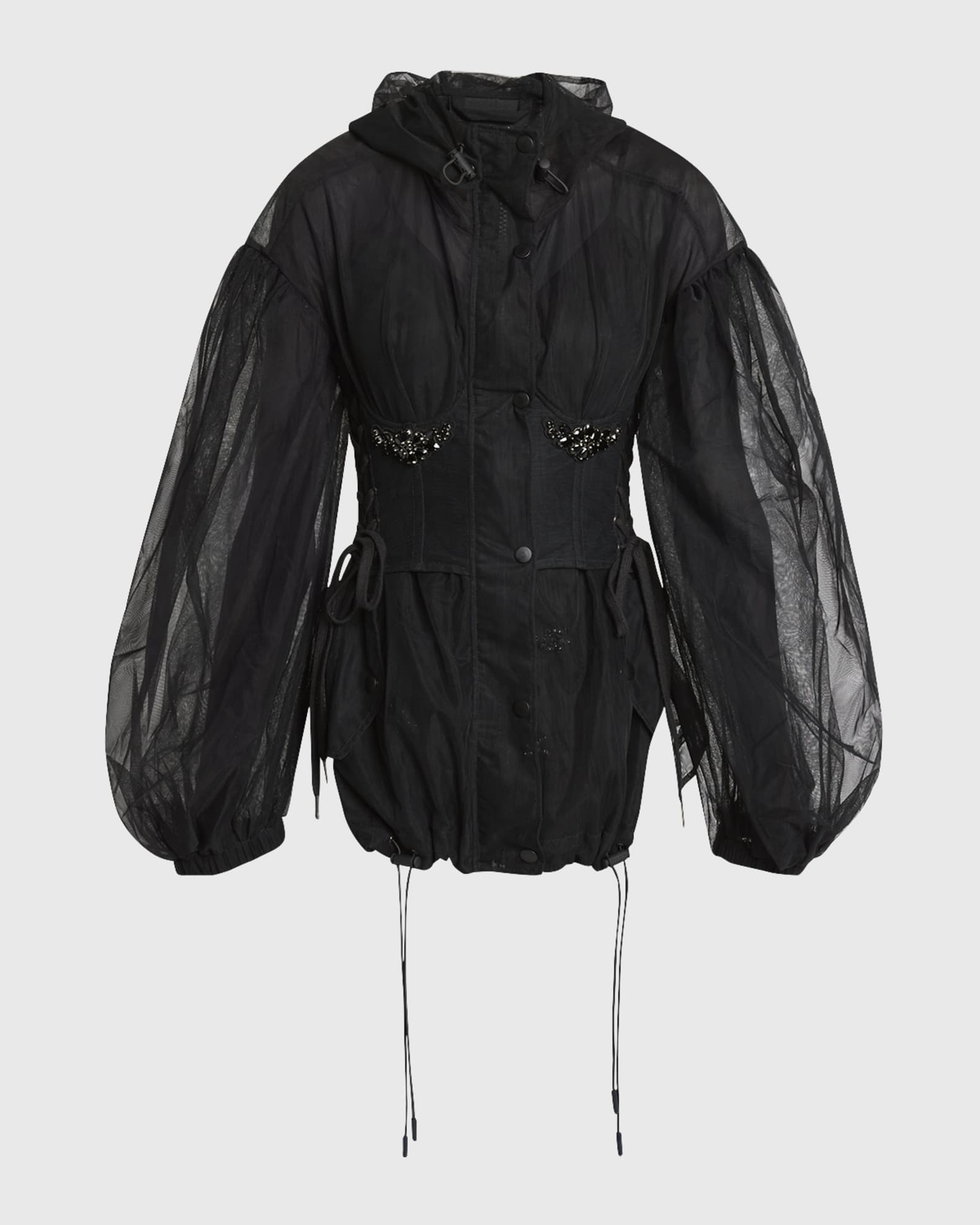 Simone Rocha Puff-Sleeve Parka Jacket with Embellished Corset Bodice | Neiman Marcus