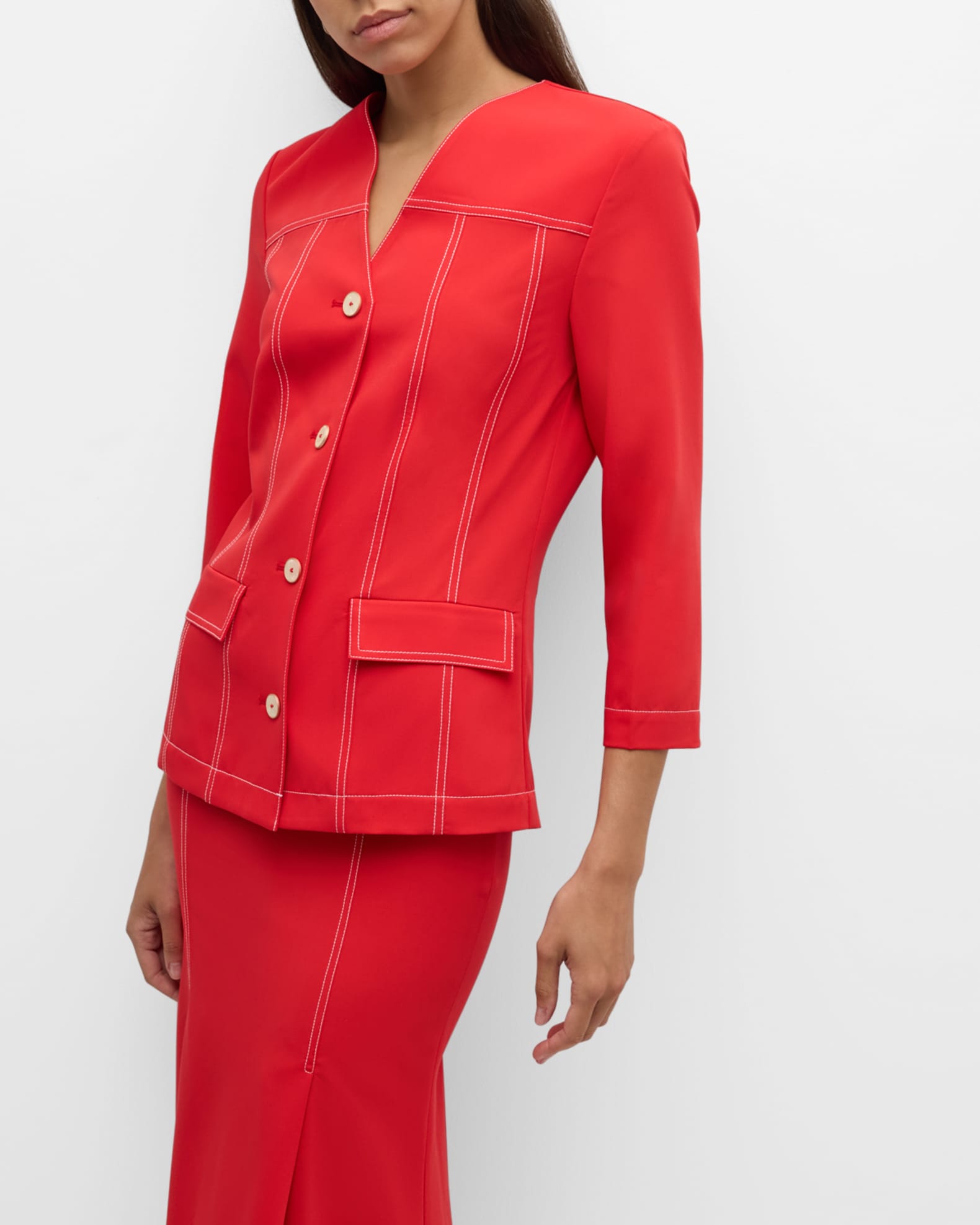 Misook Modern Contrast Stitch Button-Front Jacket | Neiman Marcus