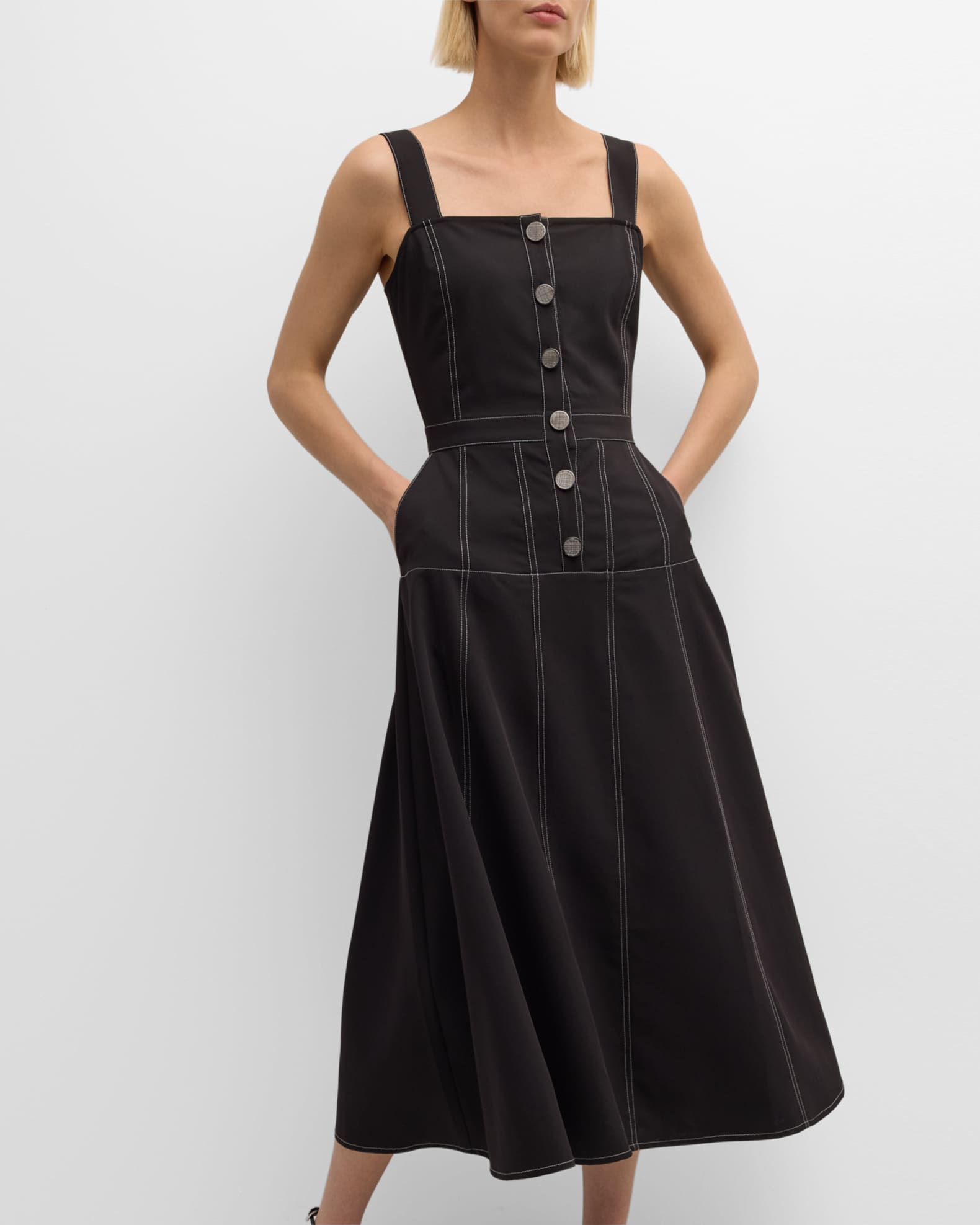 Misook Topstitched Fit-&-Flare Midi Dress | Neiman Marcus