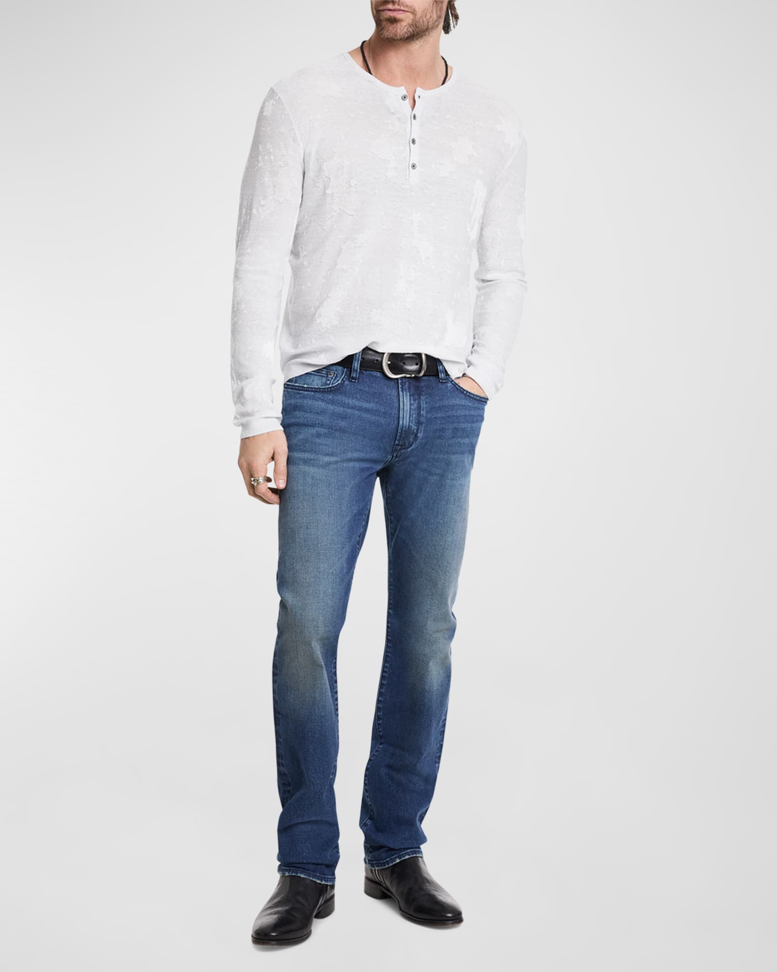 John Varvatos Men's Distressed Jacquard Henley Shirt | Neiman Marcus
