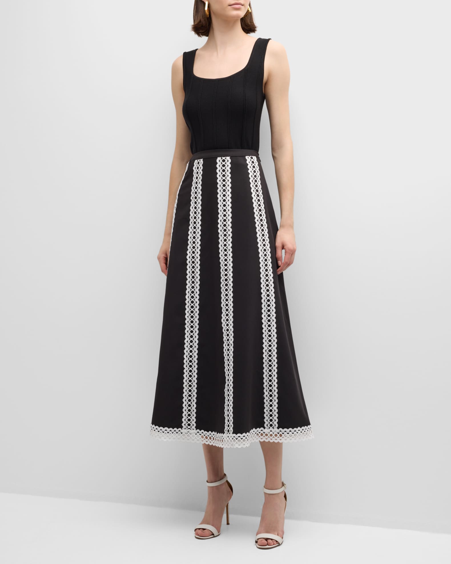 Misook Eyelet-Trim Woven Twill Midi Skirt | Neiman Marcus