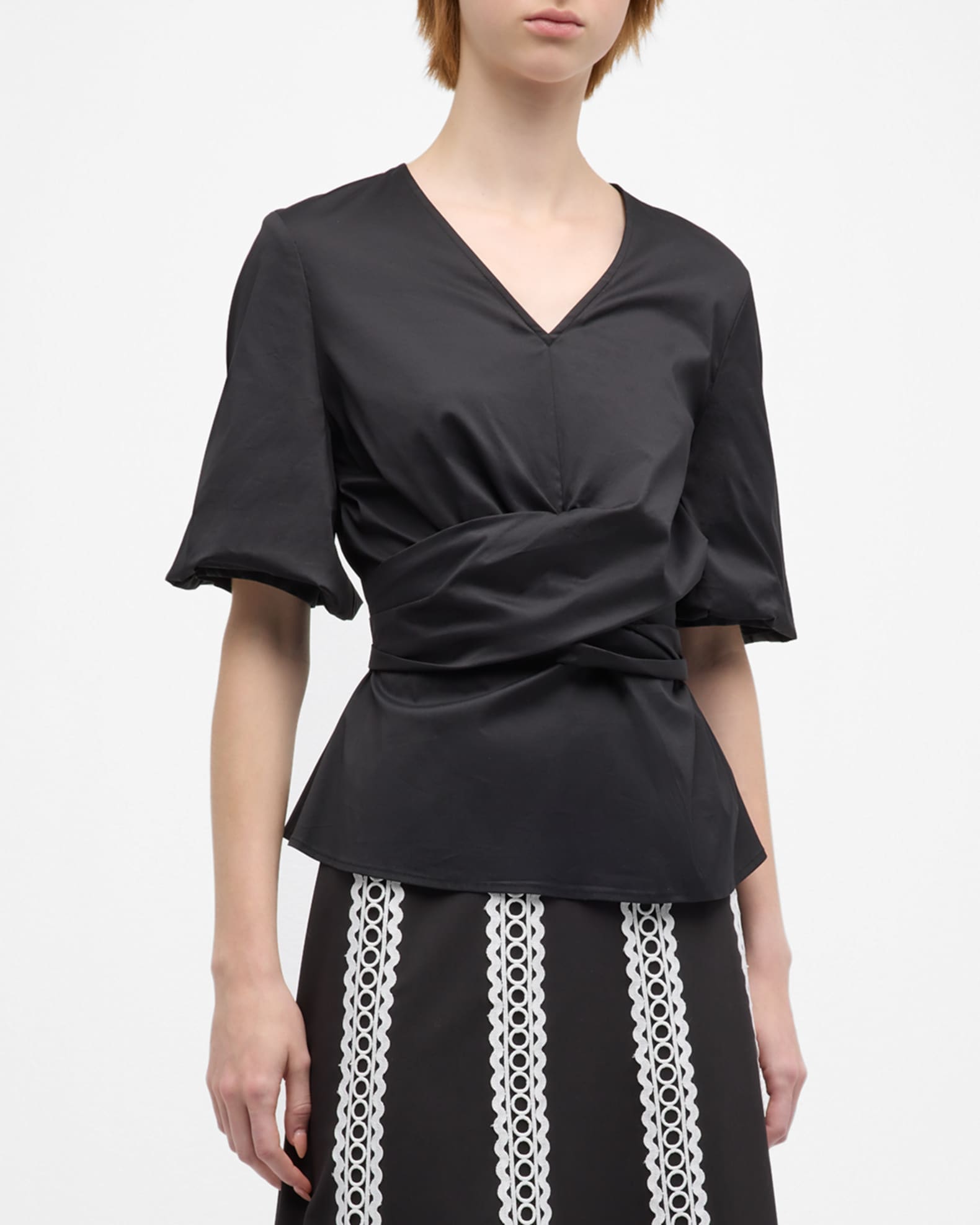 Misook Crossover Puff-Sleeve Peplum Blouse | Neiman Marcus
