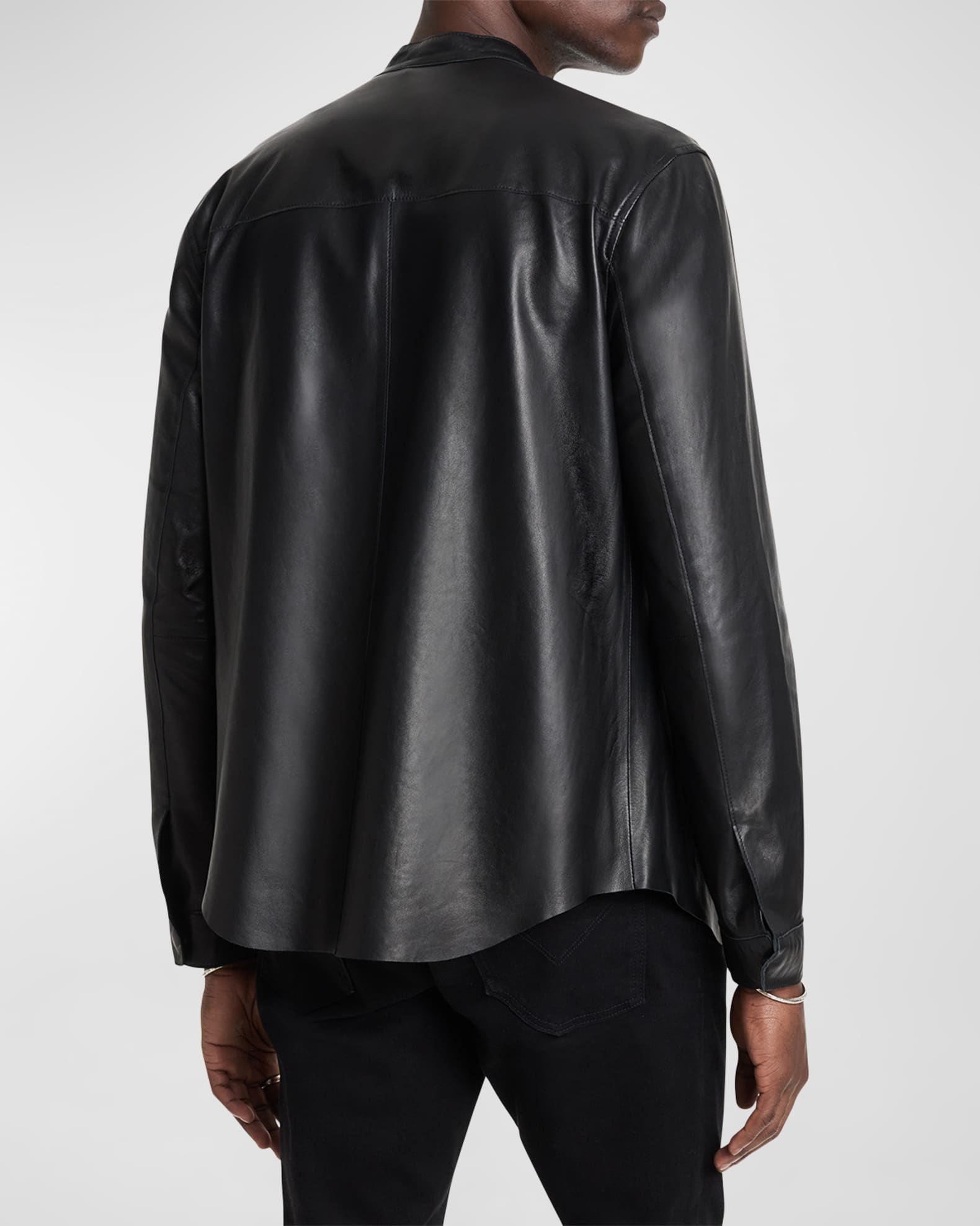 John Varvatos Men's Bernard Band-Collar Leather Overshirt | Neiman Marcus