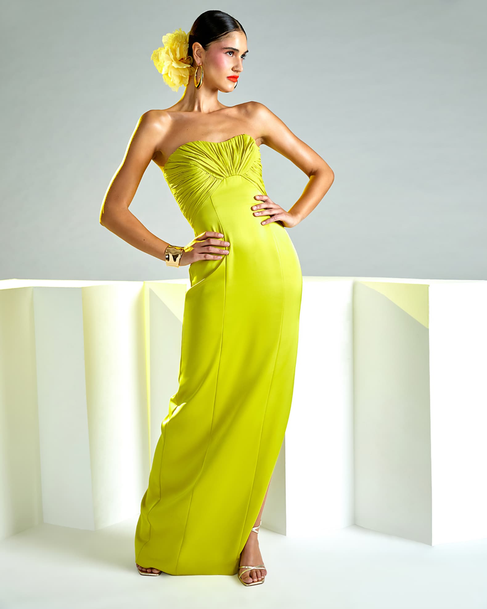 Halston Henna Strapless Chiffon And Satin Column Gown Neiman Marcus