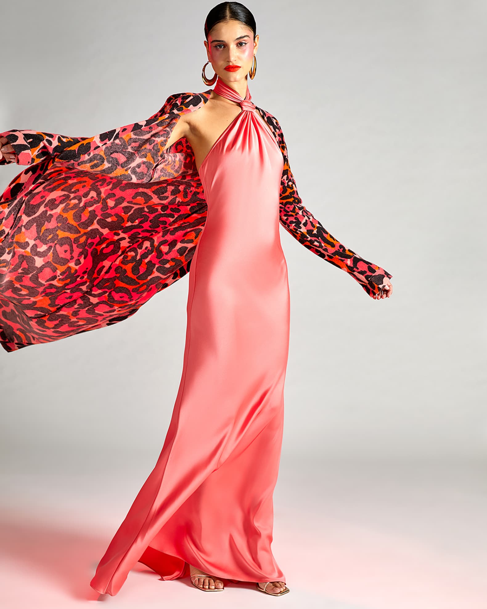 Halston Emi Twist-Front Satin Halter Gown | Neiman Marcus