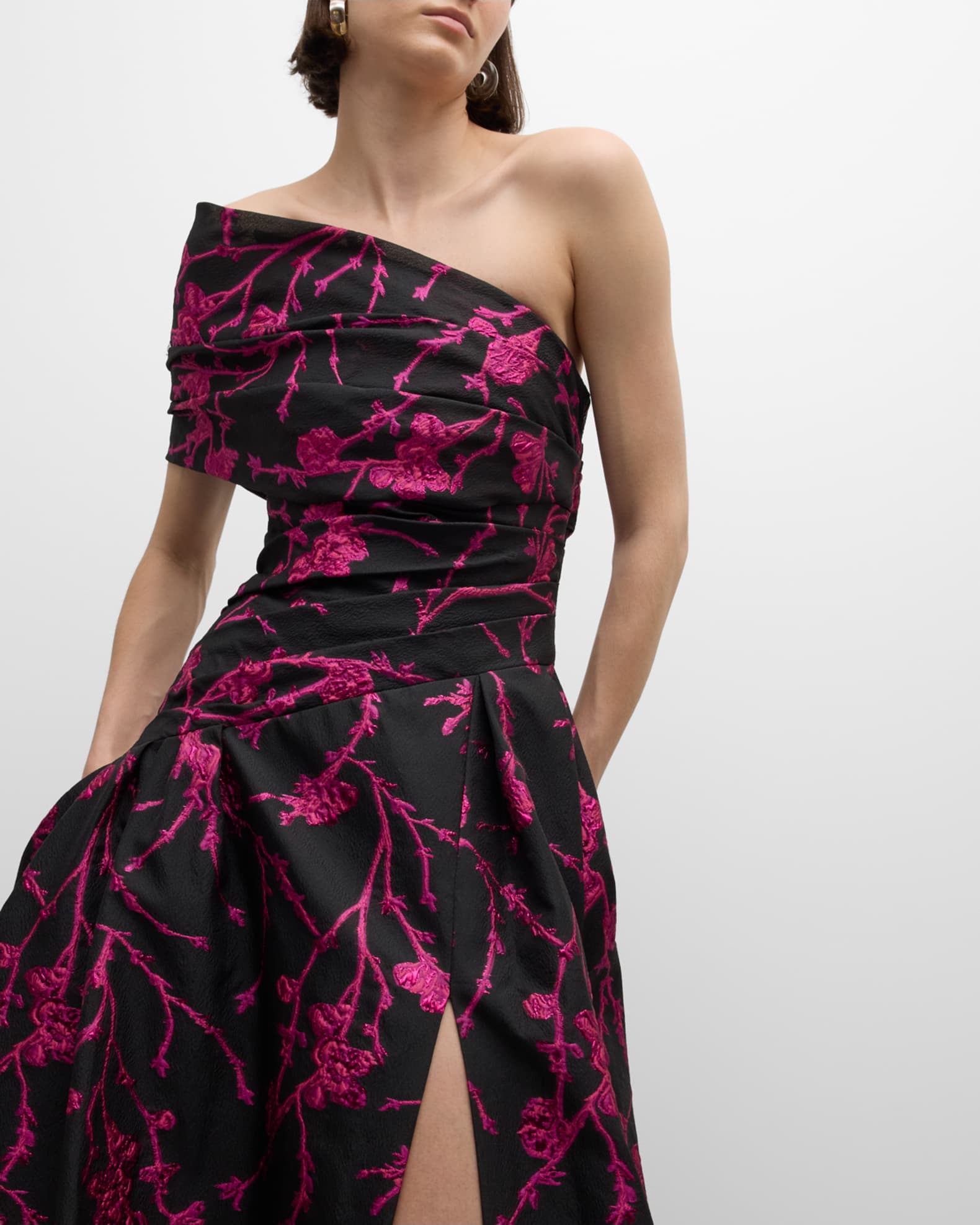 Pamella Roland Floral Fil Coupe Draped One-Shoulder Slit Gown | Neiman ...