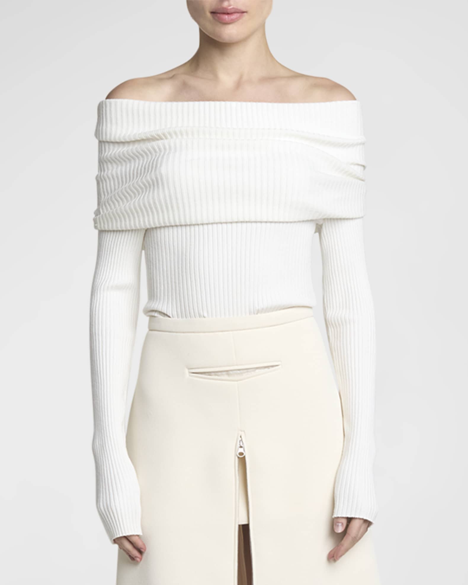 Courreges Twisted Off-The-Shoulder Long-Sleeve Rib Knit Sweater ...