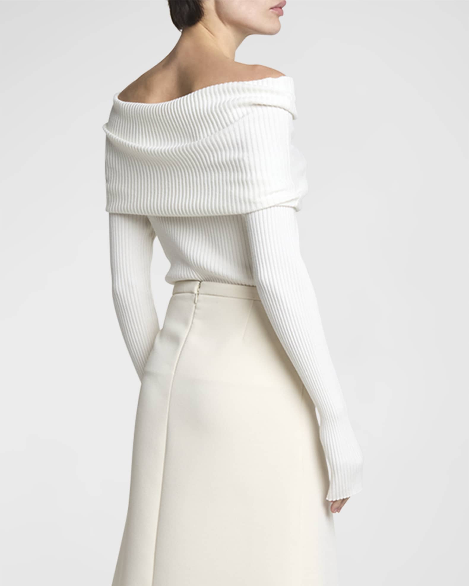 Courreges Twisted Off-The-Shoulder Long-Sleeve Rib Knit Sweater ...