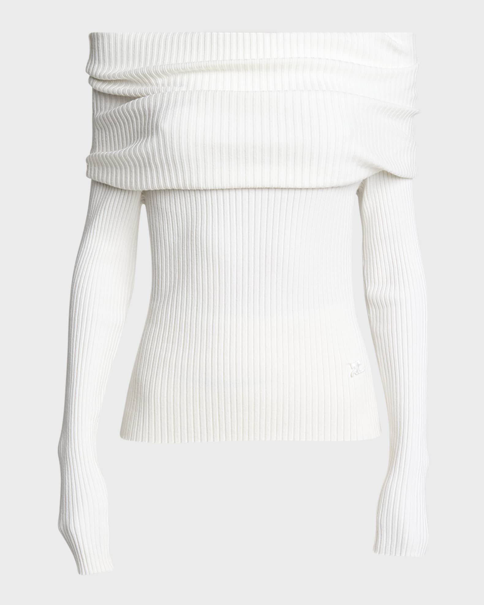 Courreges Twisted Off-The-Shoulder Long-Sleeve Rib Knit Sweater ...