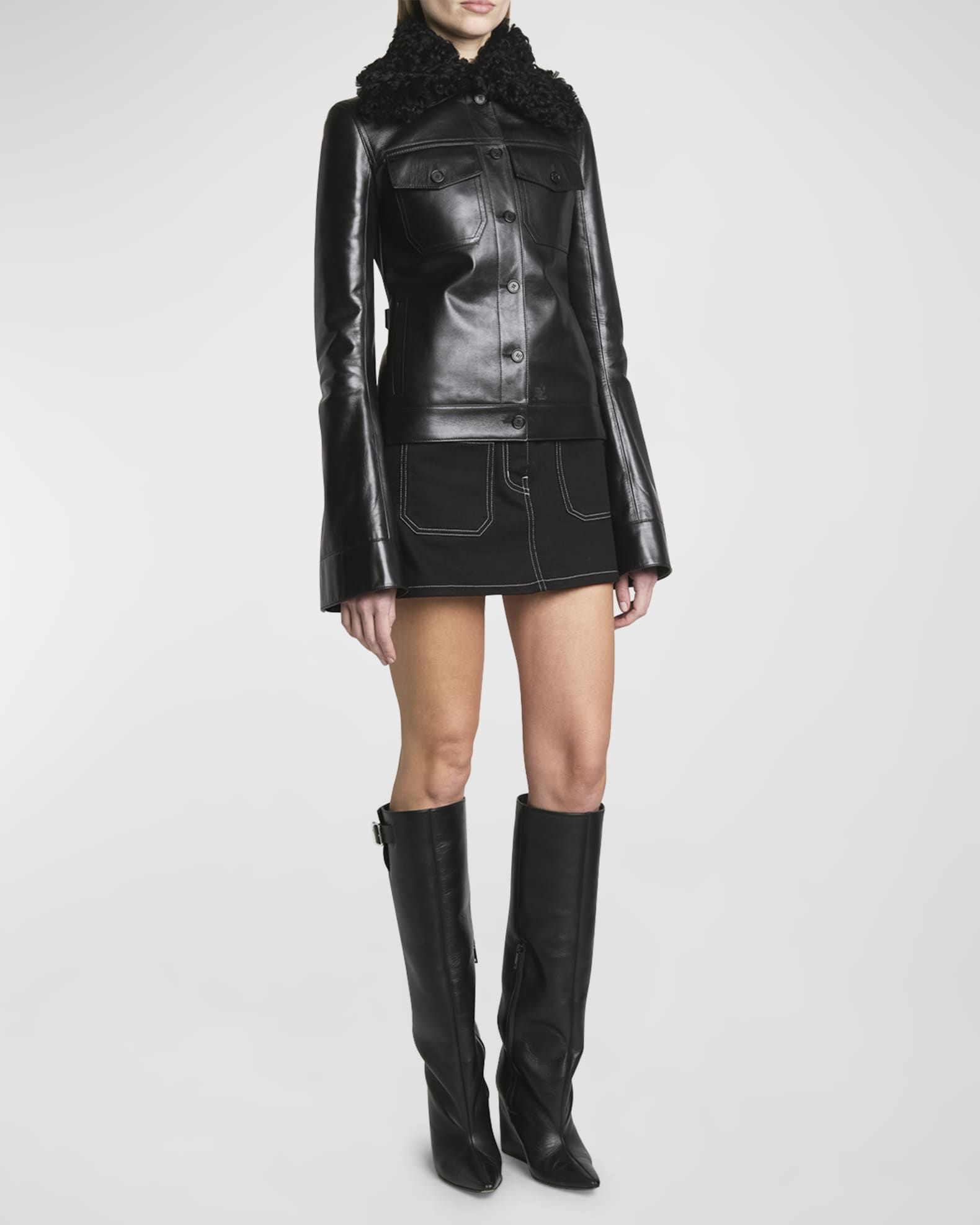 Courreges Sheep Shearling Collar Leather Trucker Jacket | Neiman Marcus