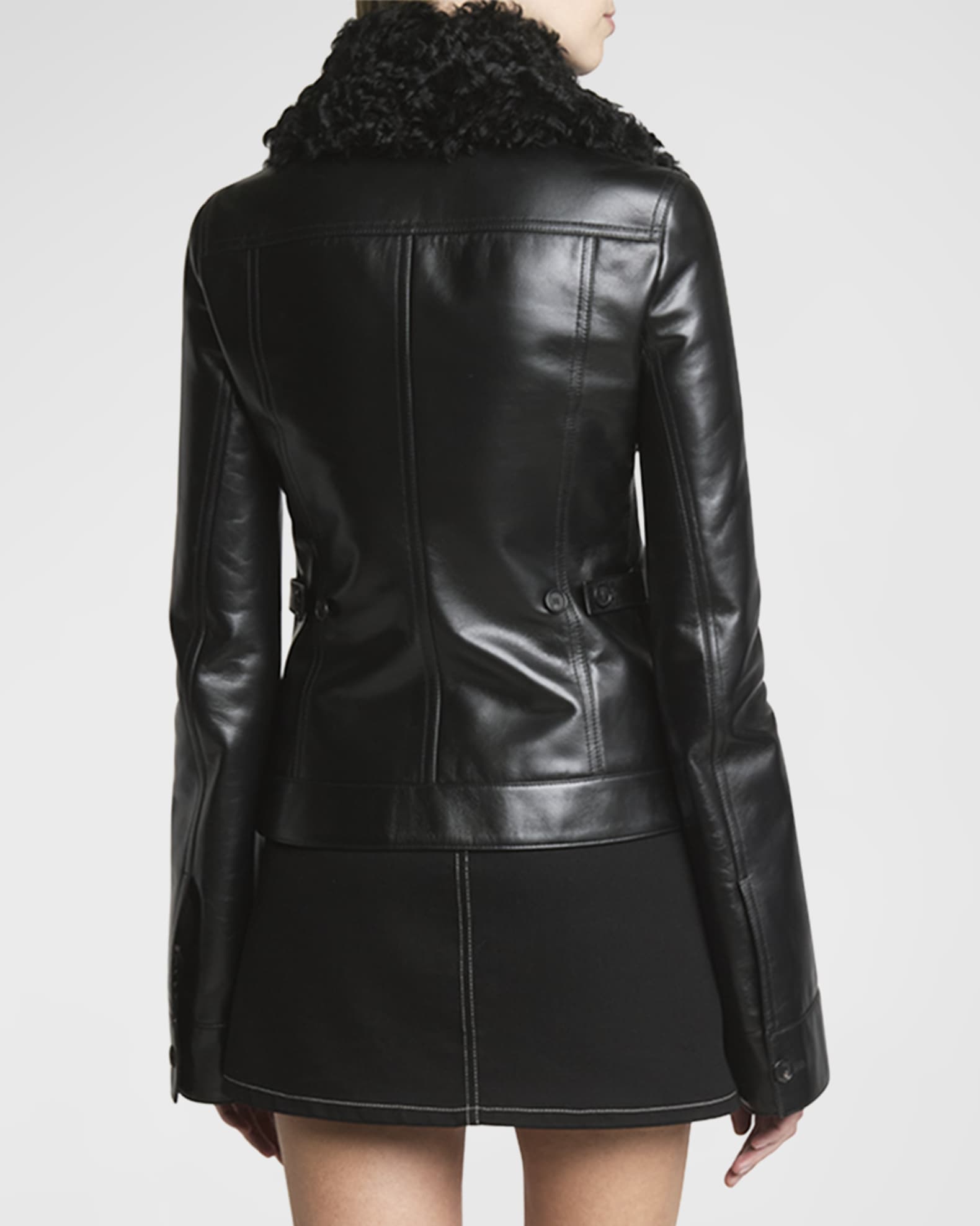 Courreges Sheep Shearling Collar Leather Trucker Jacket | Neiman Marcus