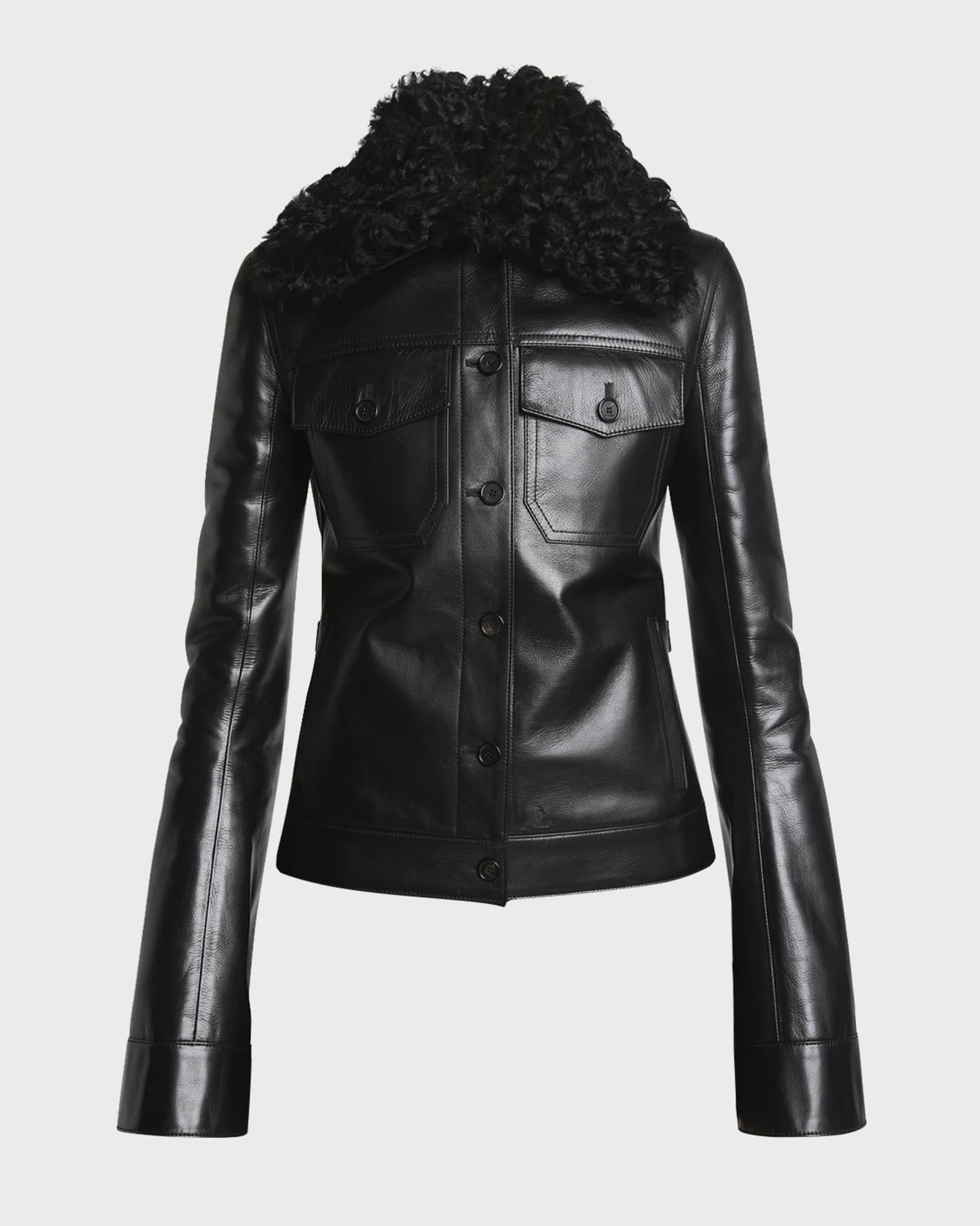 Courreges Sheep Shearling Collar Leather Trucker Jacket | Neiman Marcus