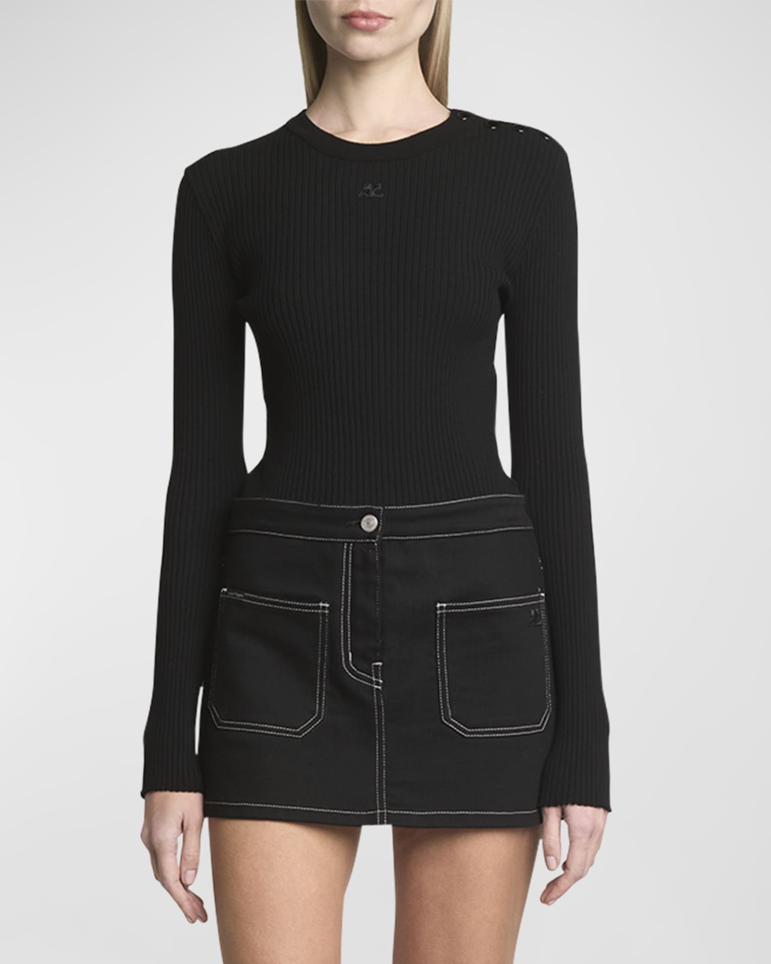Courreges Shoulder Snaps Long-Sleeve Rib Sweater | Neiman Marcus