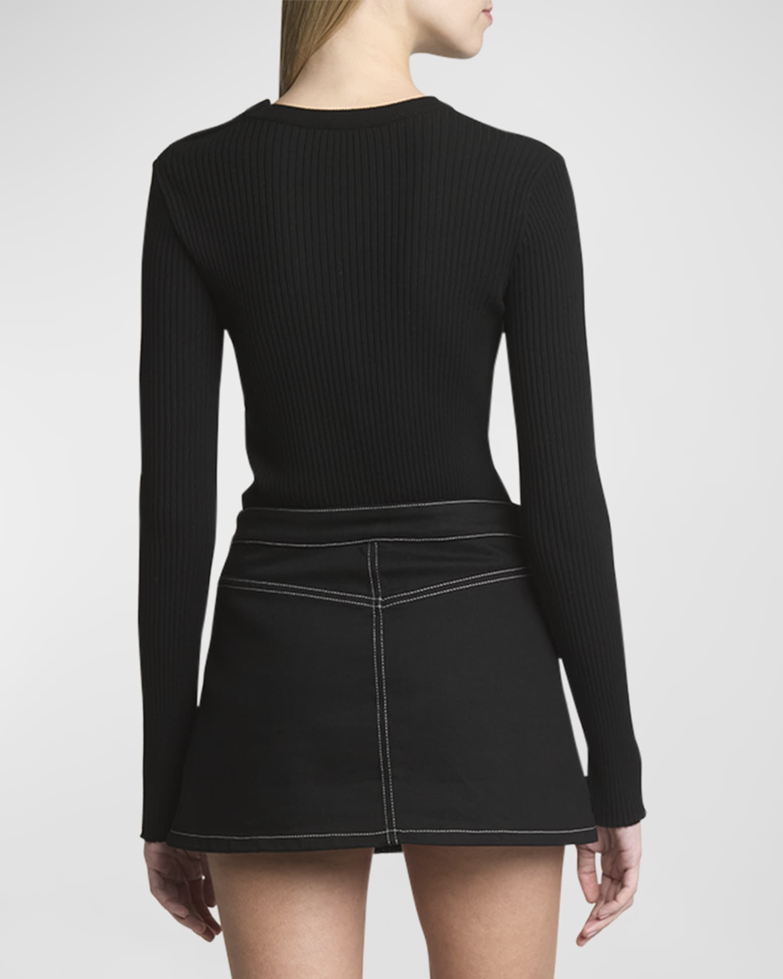 Courreges Shoulder Snaps Long-Sleeve Rib Sweater | Neiman Marcus