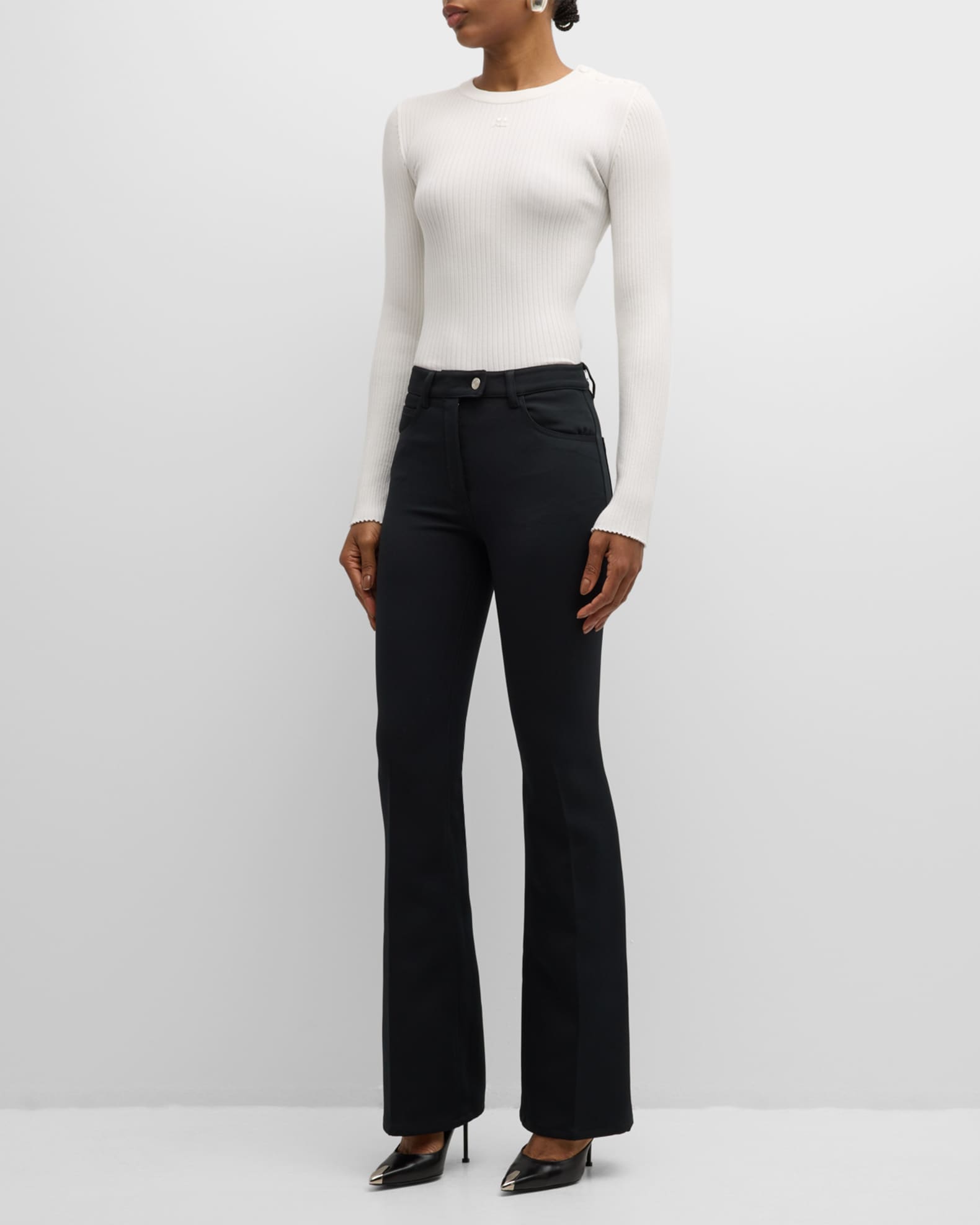 Courreges Shoulder Snaps Long-Sleeve Rib Sweater | Neiman Marcus