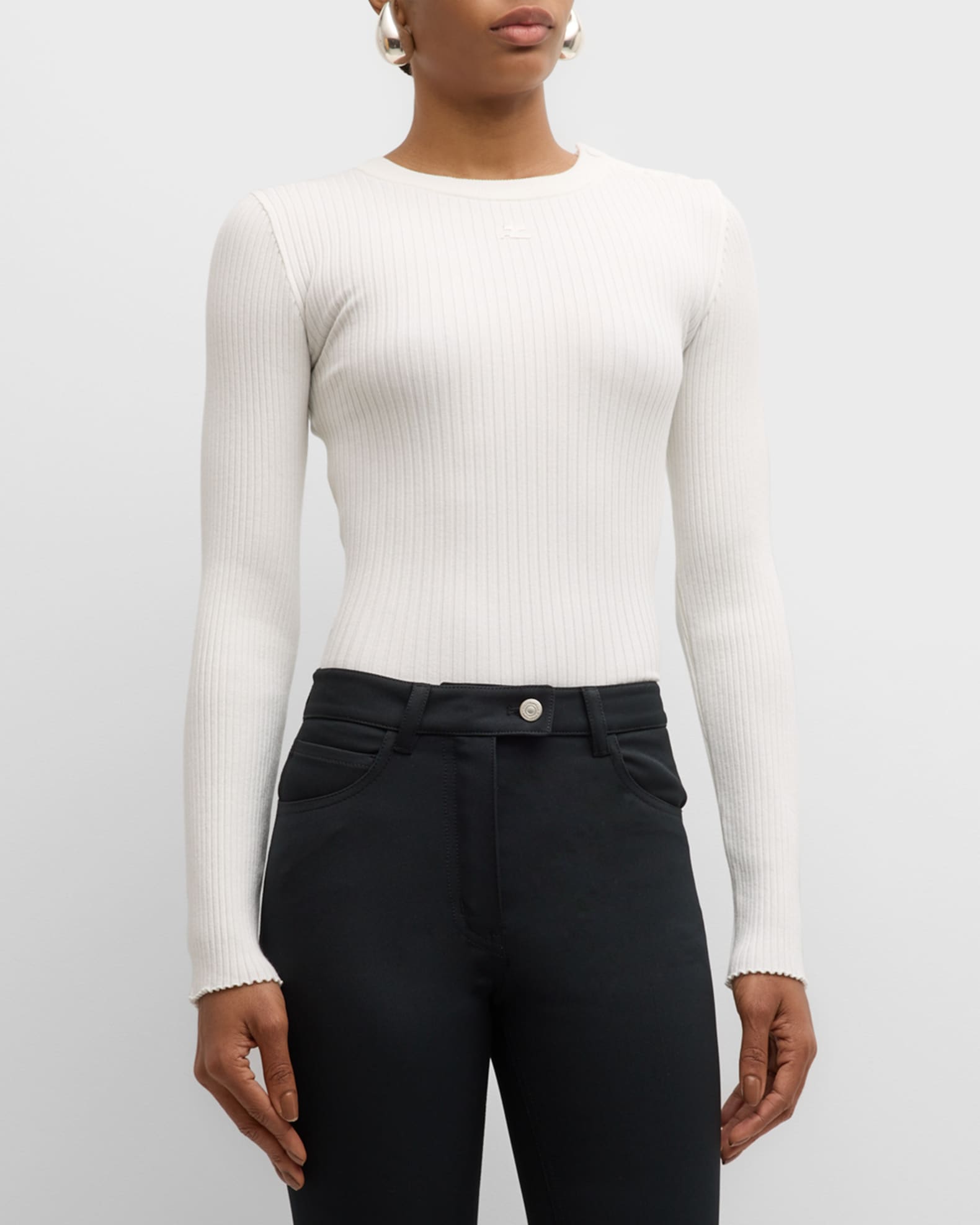 Courreges Shoulder Snaps Long-Sleeve Rib Sweater | Neiman Marcus