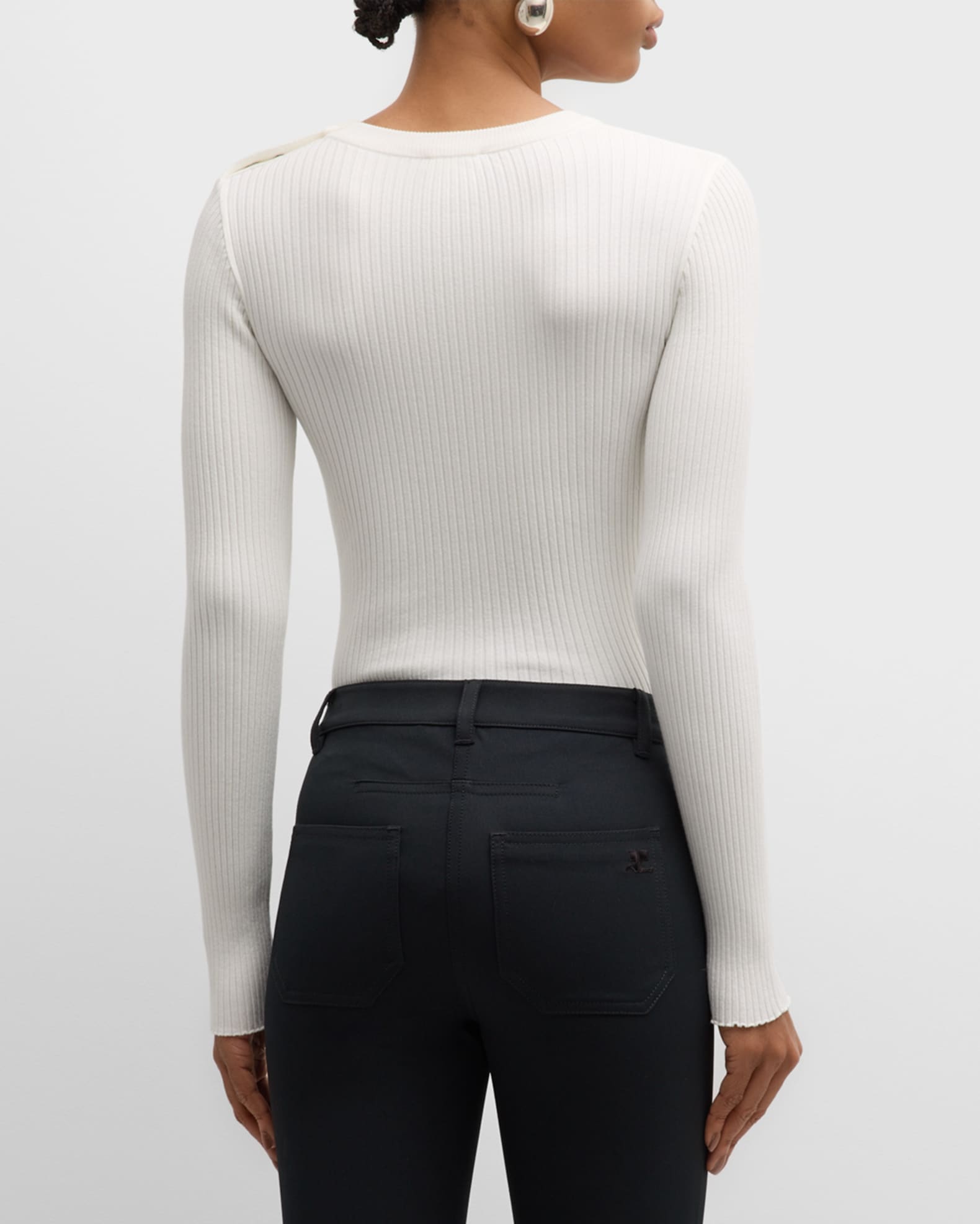 Courreges Shoulder Snaps Long-Sleeve Rib Sweater | Neiman Marcus