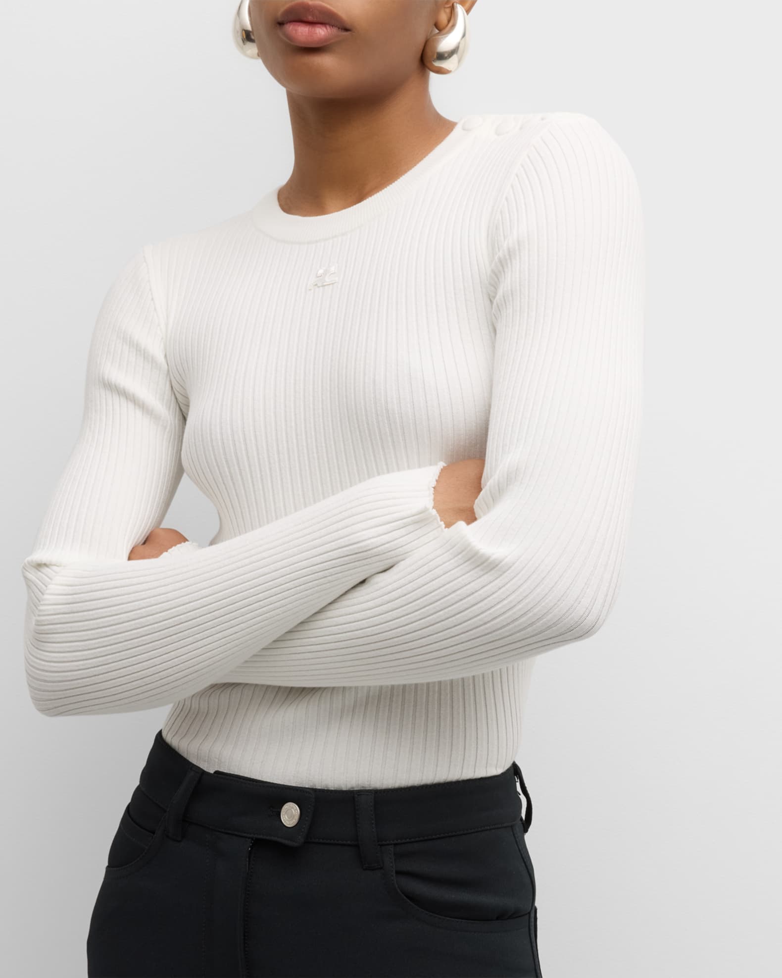 Courreges Shoulder Snaps Long-Sleeve Rib Sweater | Neiman Marcus