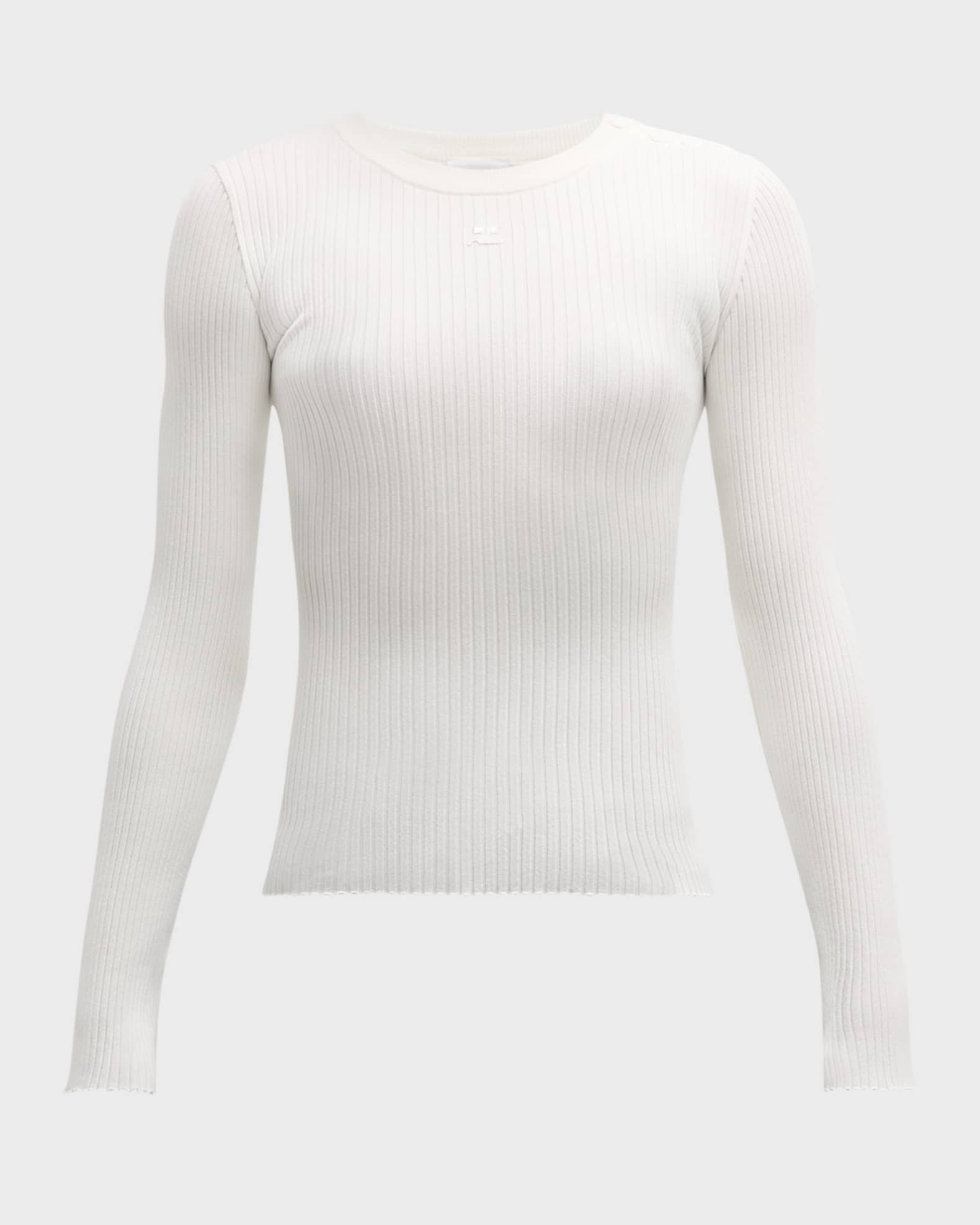 Courreges Shoulder Snaps Long-Sleeve Rib Sweater | Neiman Marcus