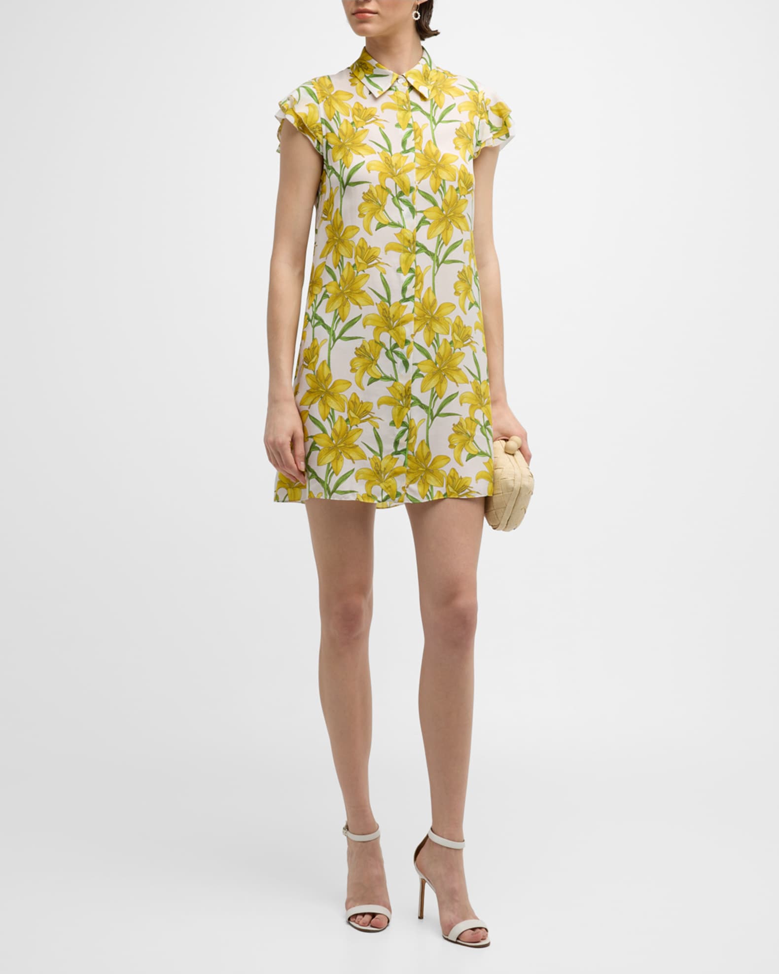Alice + Olivia Floral Jem Ruffle-Sleeve Mini Shirtdress | Neiman Marcus