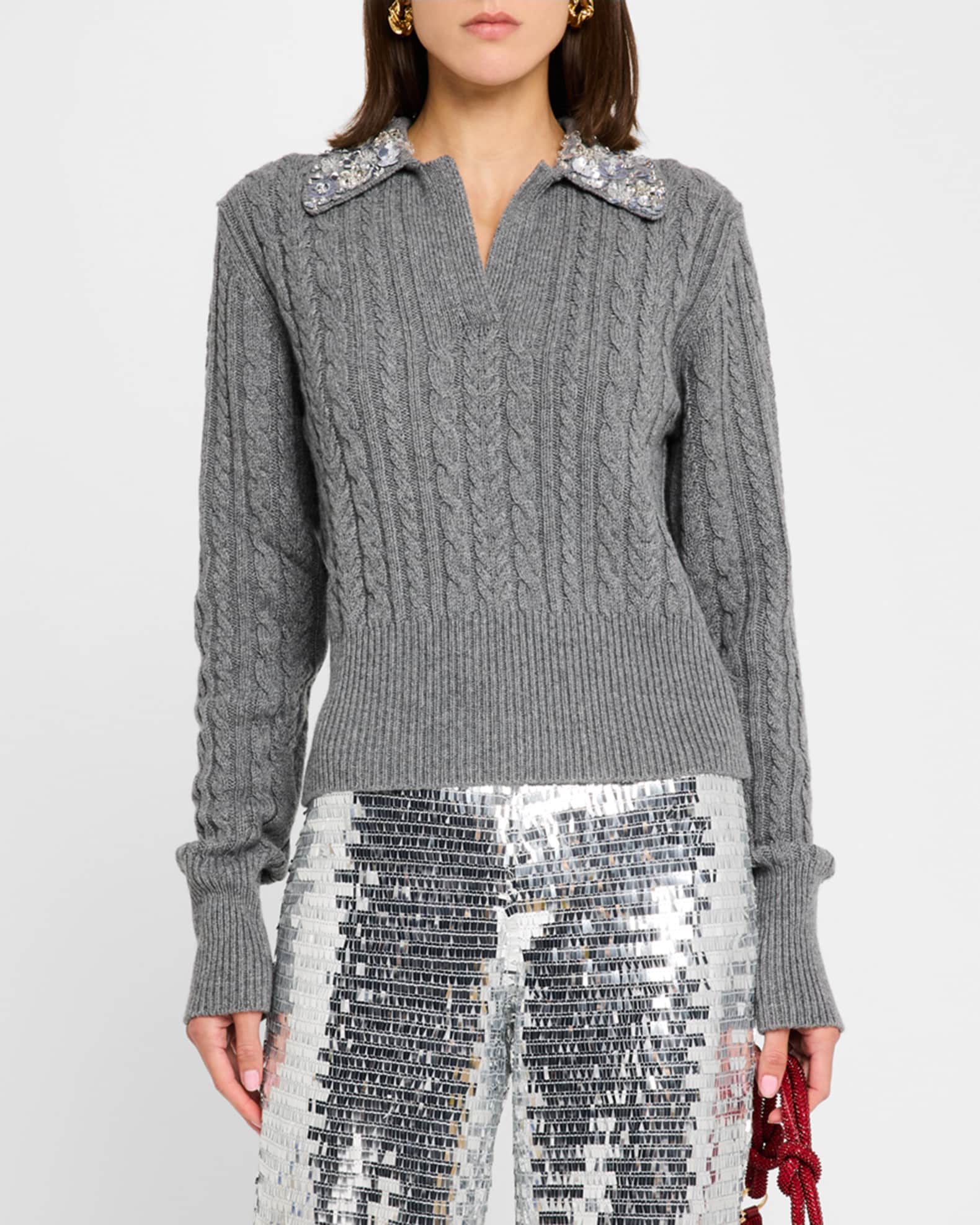 Des Phemmes Embellished Cable-Knit Polo Sweater | Neiman Marcus