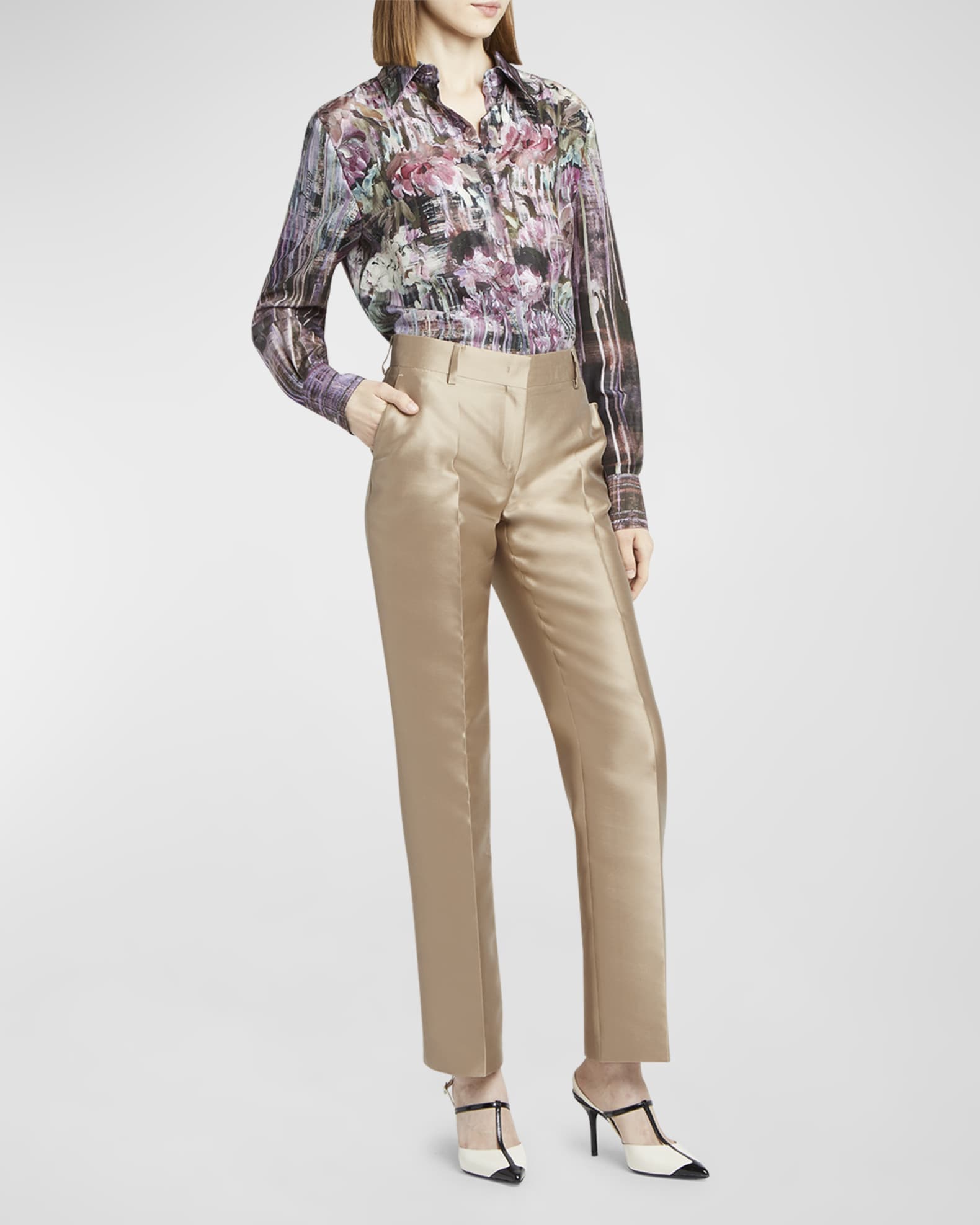 Alberta Ferretti Mikado Silk Straight-Leg Trousers | Neiman Marcus