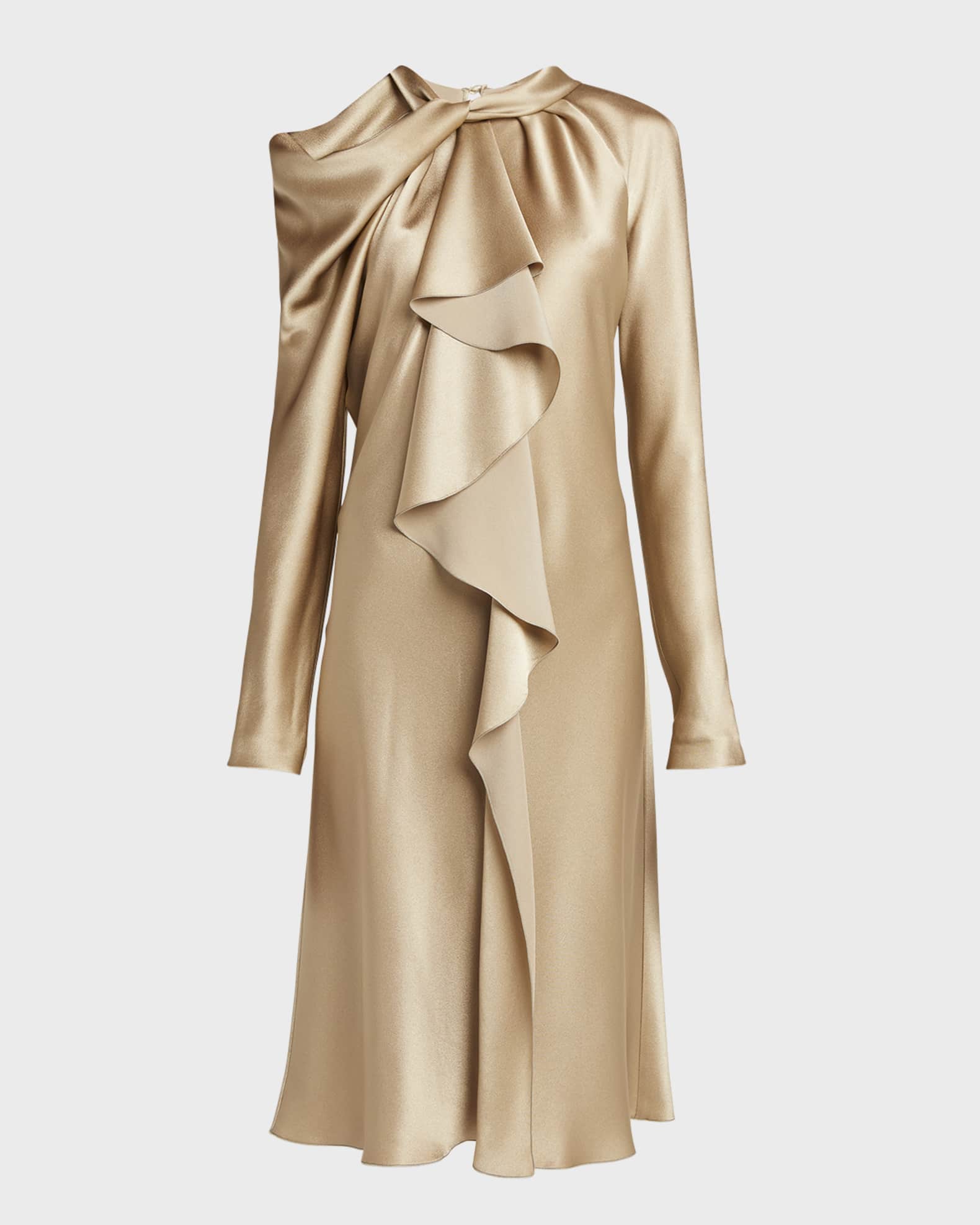 Alberta Ferretti Draped Ruffle Satin Long-Sleeve Dress | Neiman Marcus