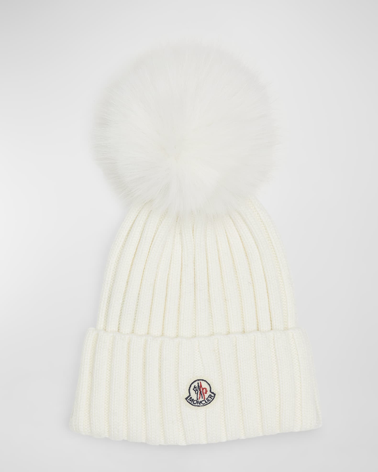Moncler Ribbed Wool Beanie with Faux Fur Pom | Neiman Marcus