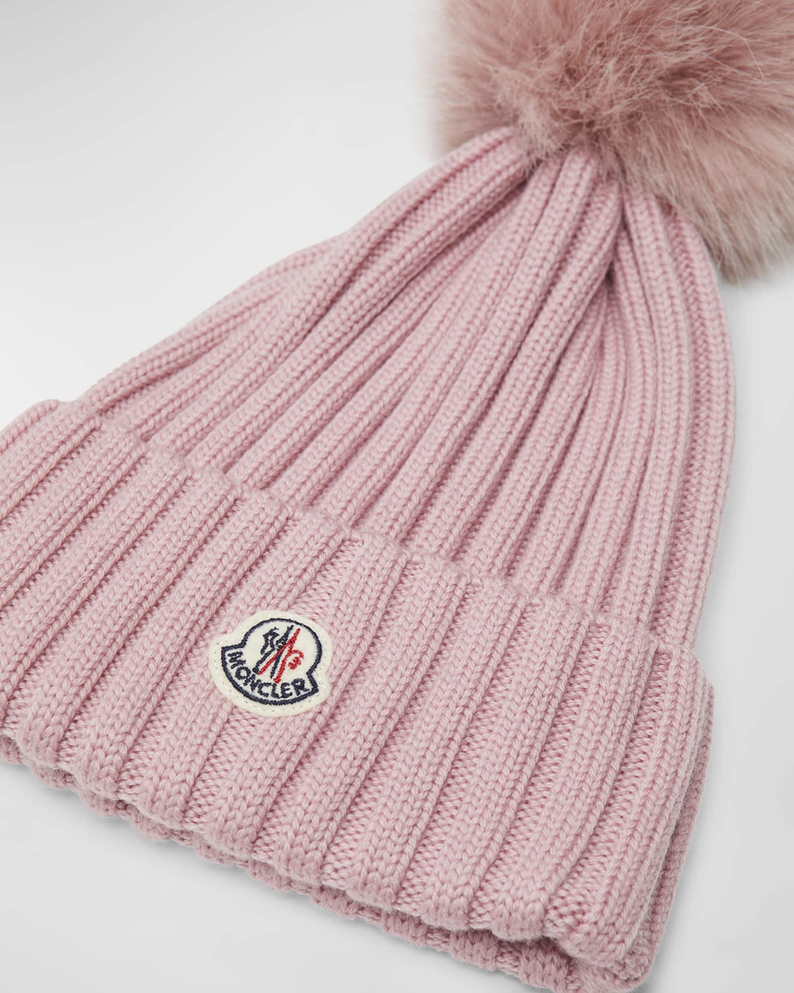 Moncler Ribbed Wool Beanie with Faux Fur Pom | Neiman Marcus