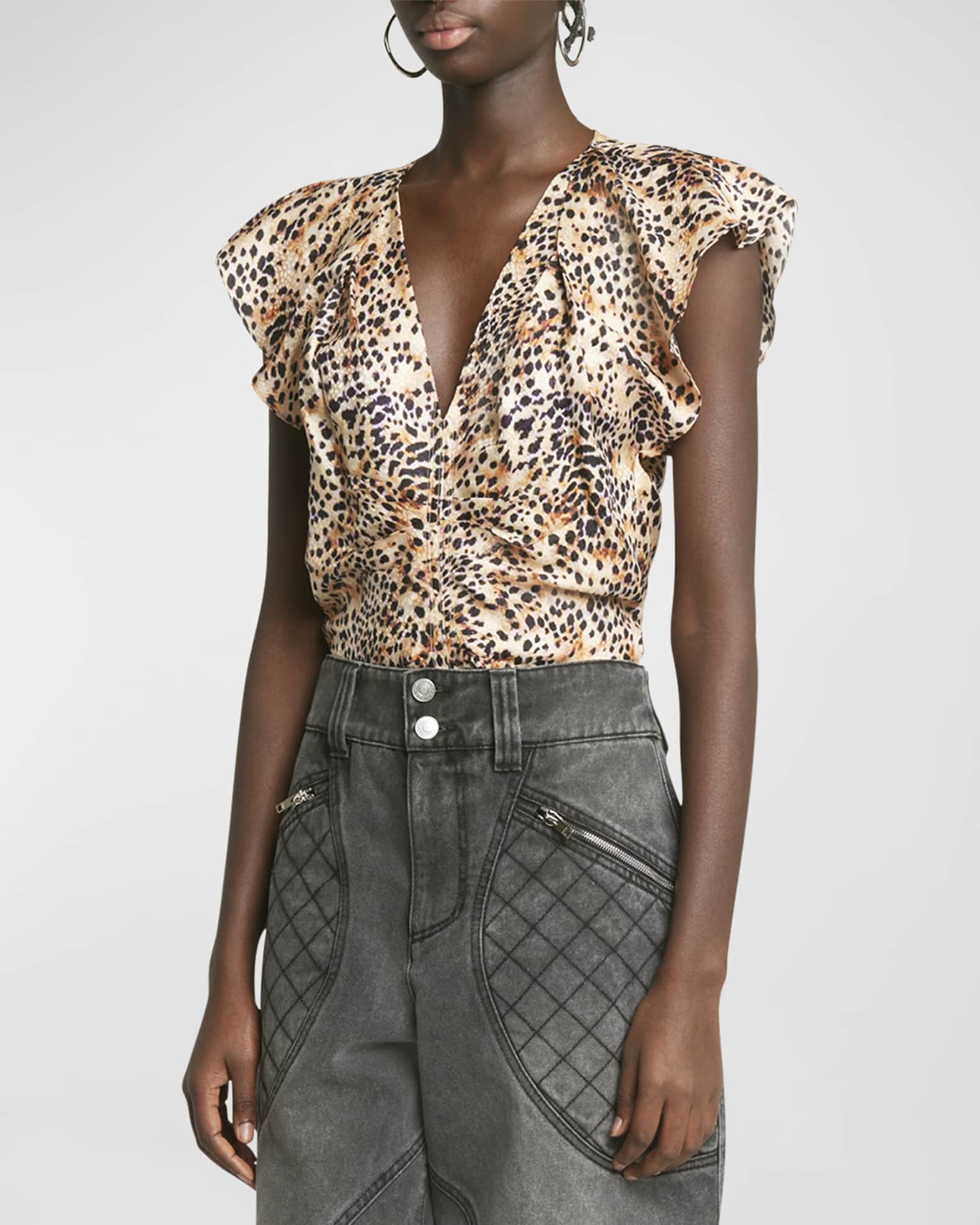 Isabel Marant Lonea Printed Ruffle Sleeve Silk Top | Neiman Marcus