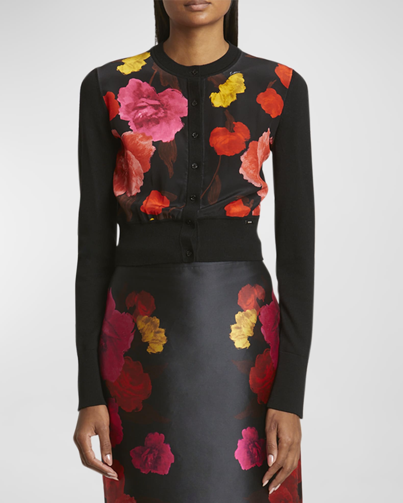 Erdem Floral Silk-Inset Crop Cardigan | Neiman Marcus