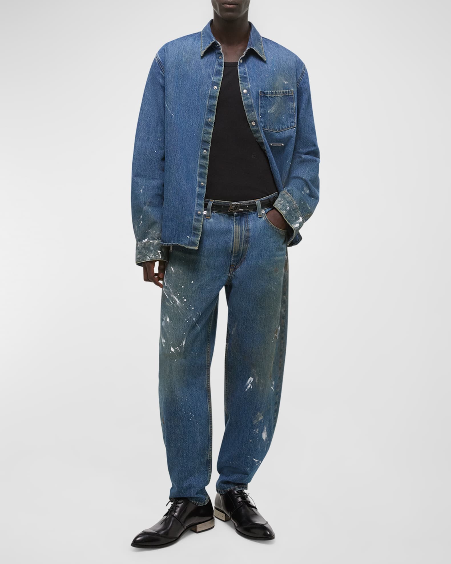 Helmut Lang Men's Paint Splatter Denim Overshirt | Neiman Marcus