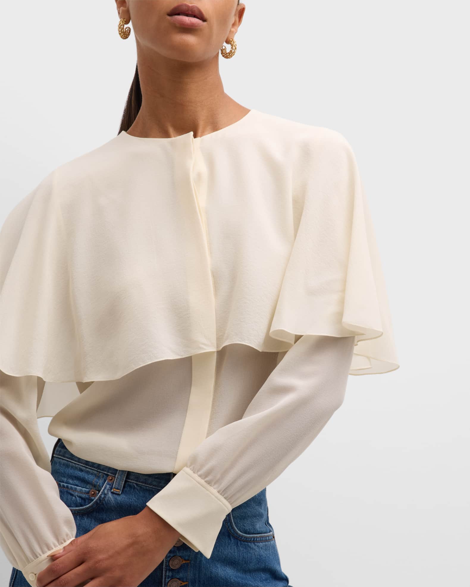 Chloe Silk Georgette Button-Front Blouse with Shawl Overlay | Neiman Marcus