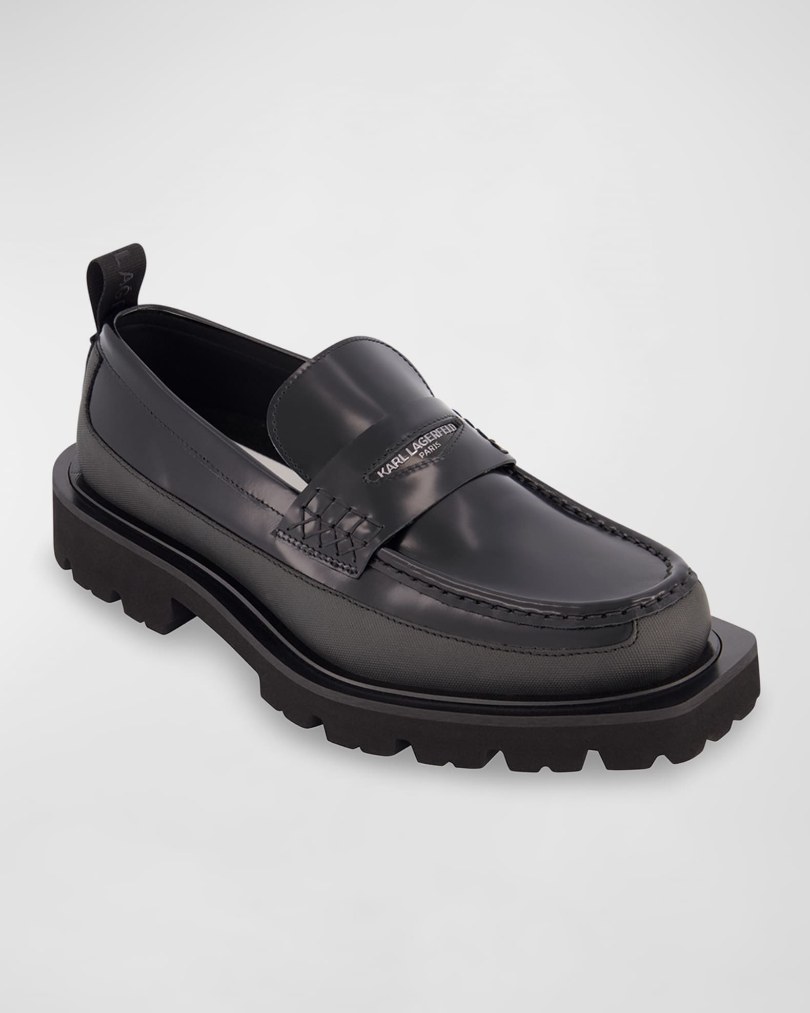 Karl Lagerfeld Paris Men's Mixed Leather Logo Lug-Sole Penny Loafers ...