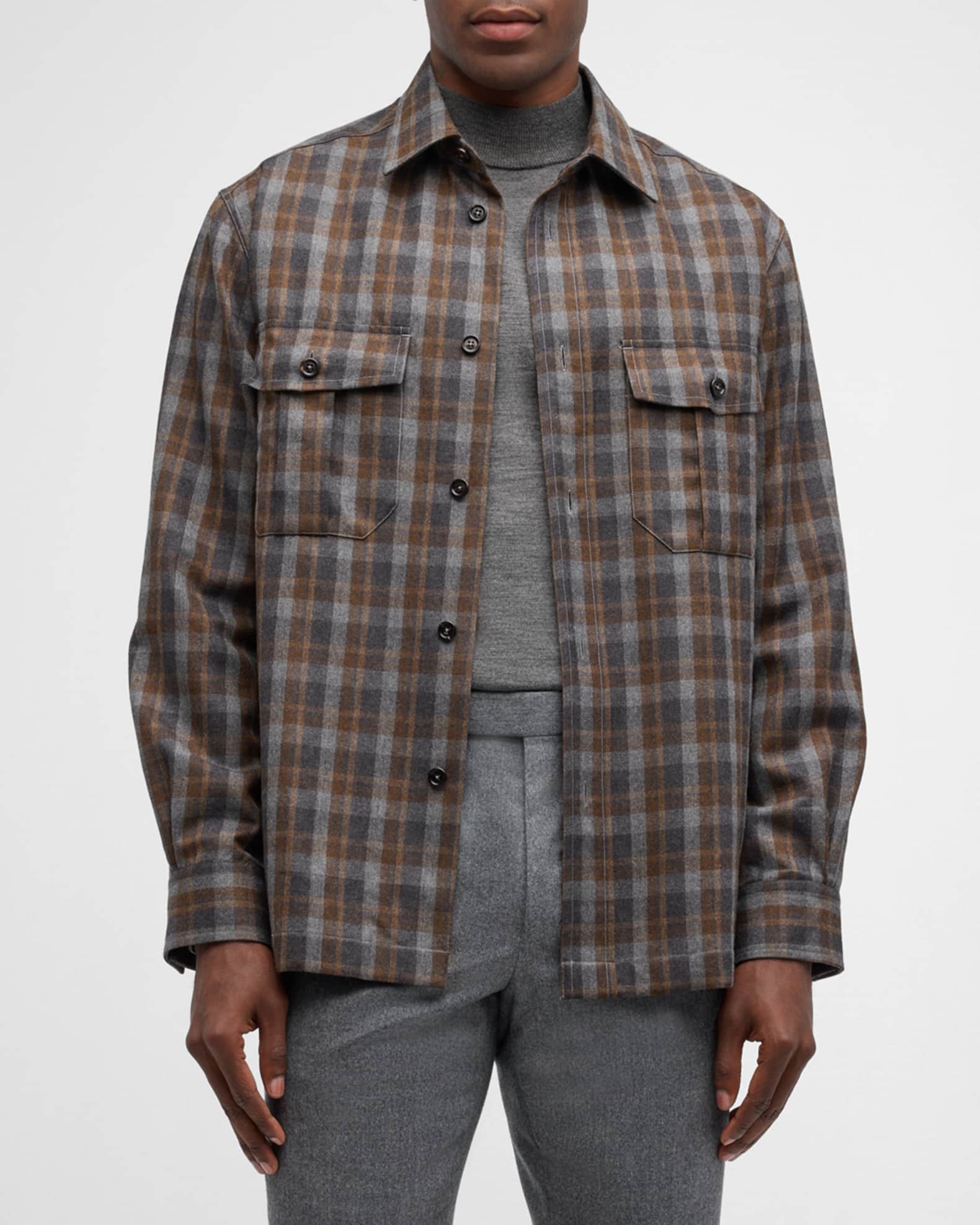 dunhill Men's Wool and Cashmere Check Military Overshirt | Neiman Marcus