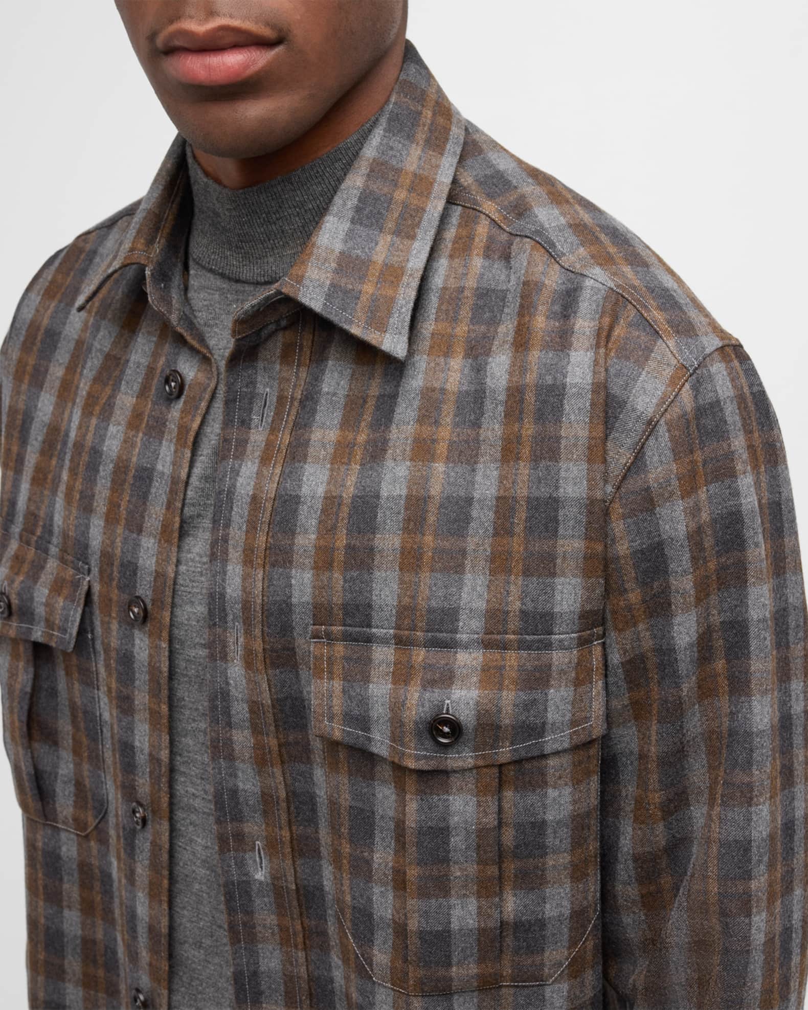 dunhill Men's Wool and Cashmere Check Military Overshirt | Neiman Marcus