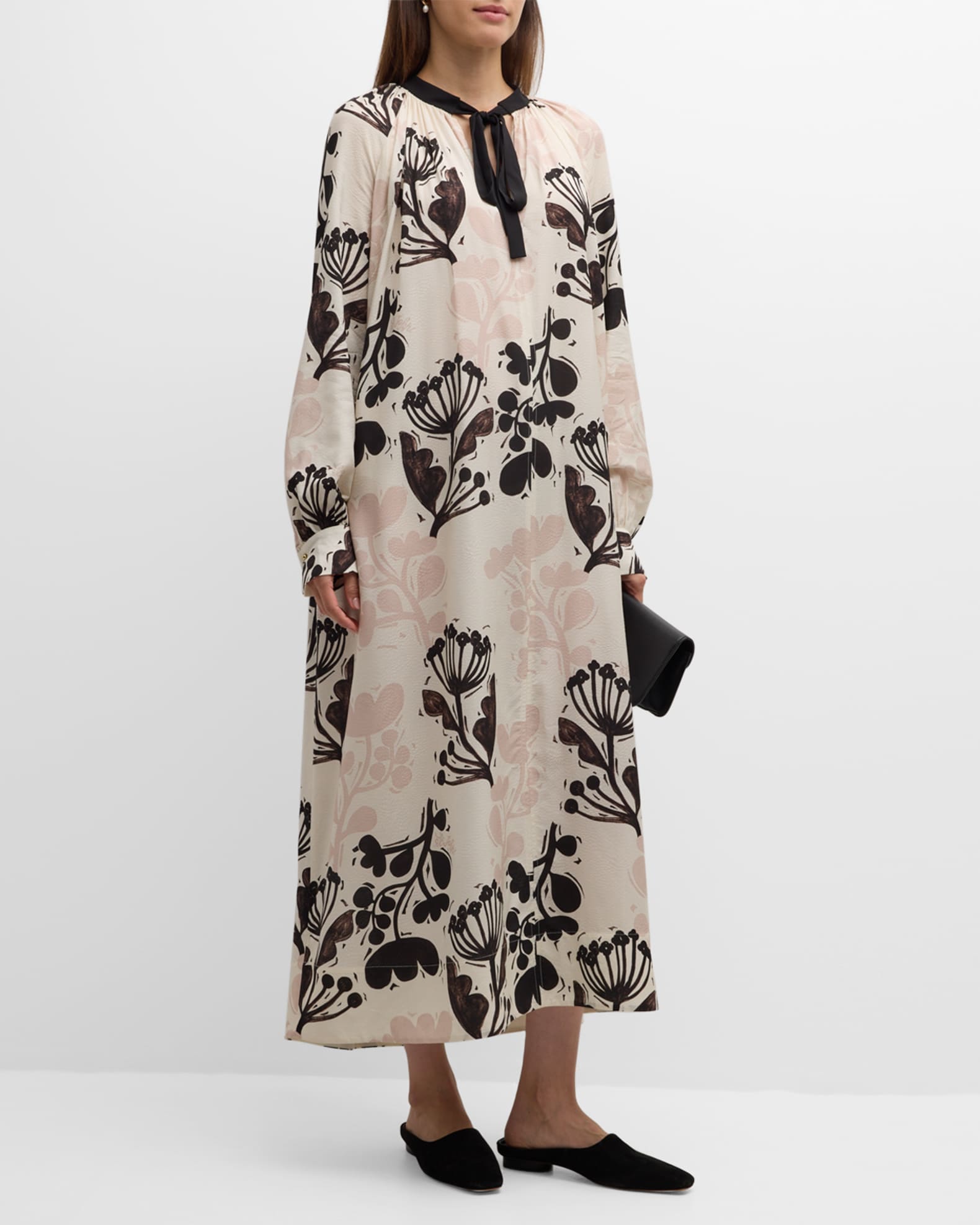 St. John Naive Flower-Print Jacquard Neck-Tie Maxi Dress | Neiman Marcus