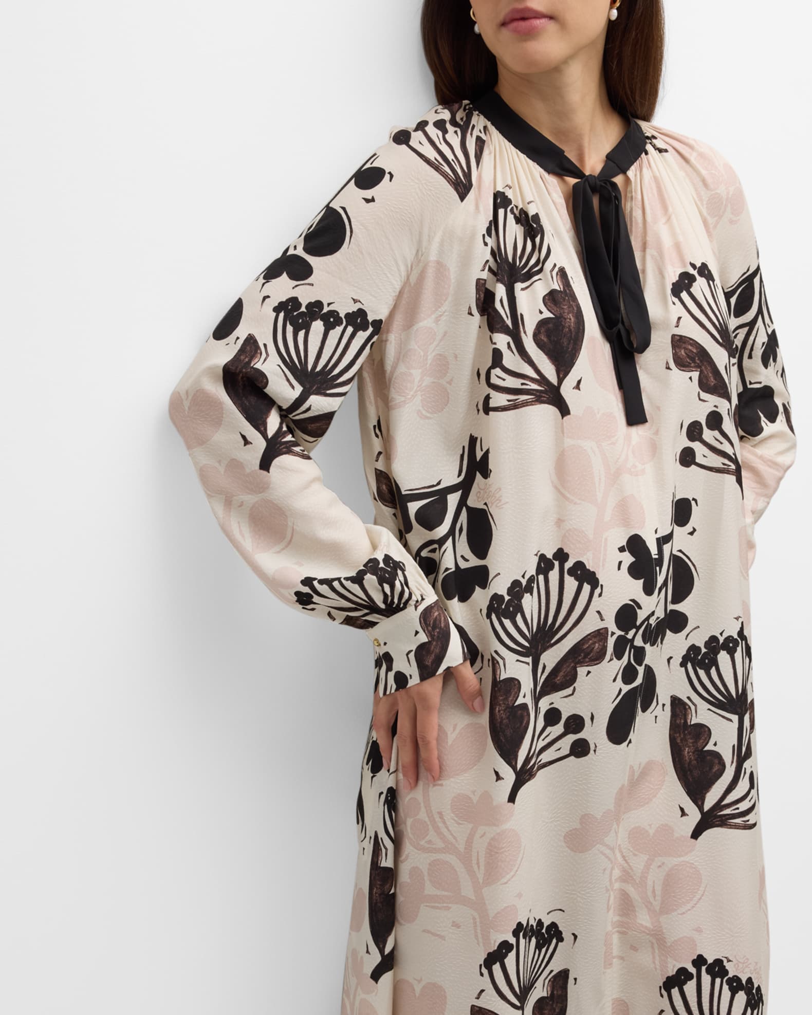 St. John Naive Flower-Print Jacquard Neck-Tie Maxi Dress | Neiman Marcus