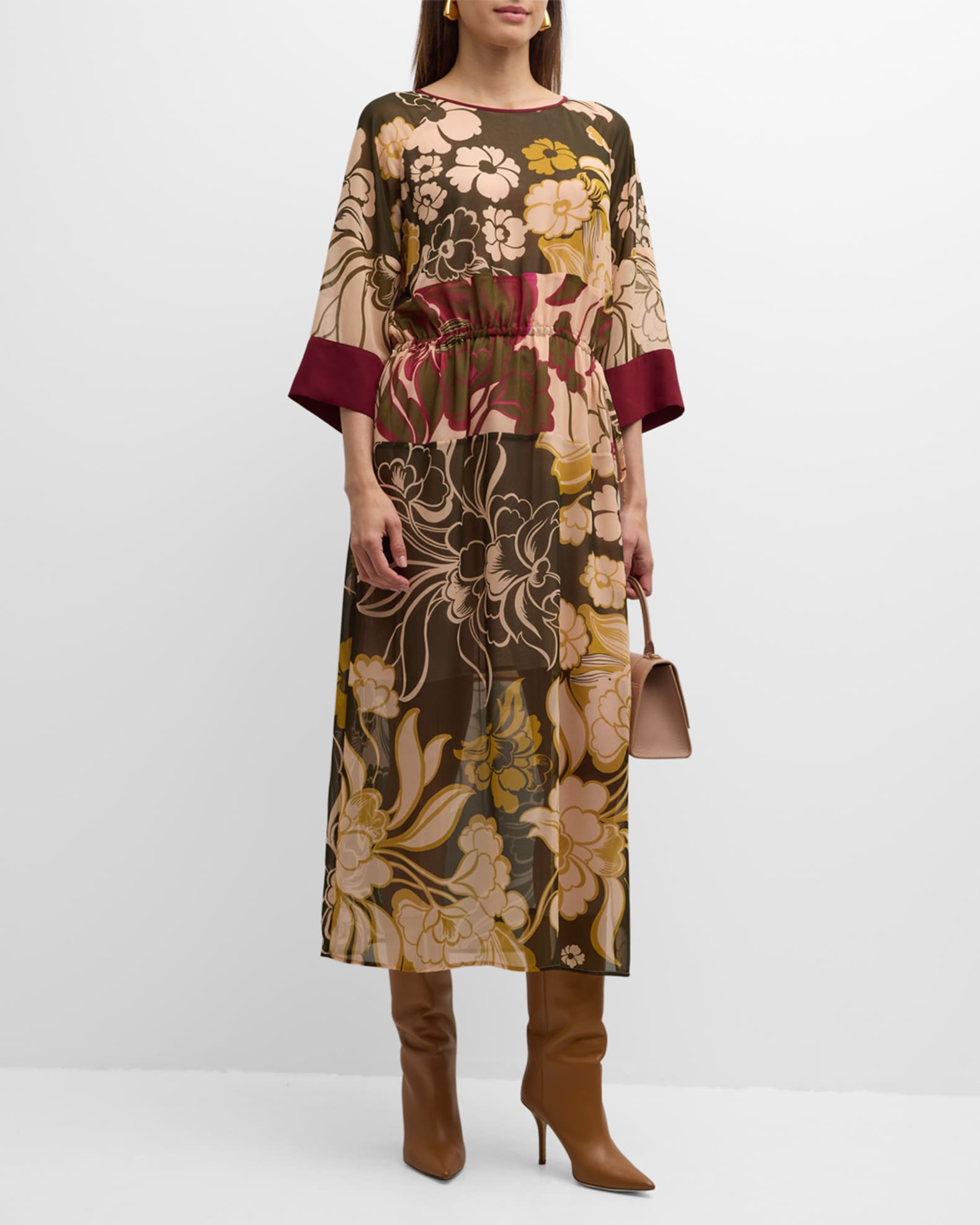 St. John Mixed Floral-Print 3/4-Sleeve Midi T-Shirt Dress | Neiman Marcus