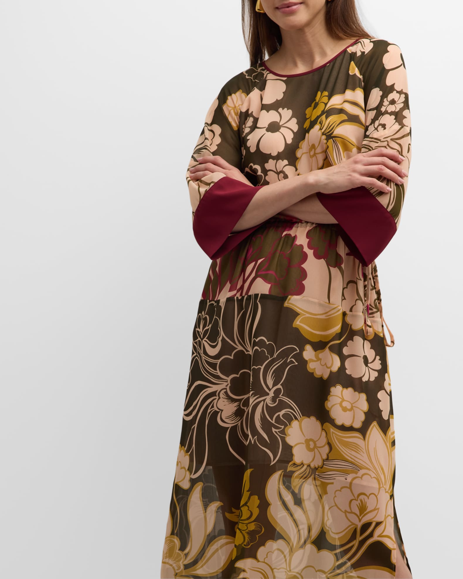 St. John Mixed Floral-Print 3/4-Sleeve Midi T-Shirt Dress | Neiman Marcus