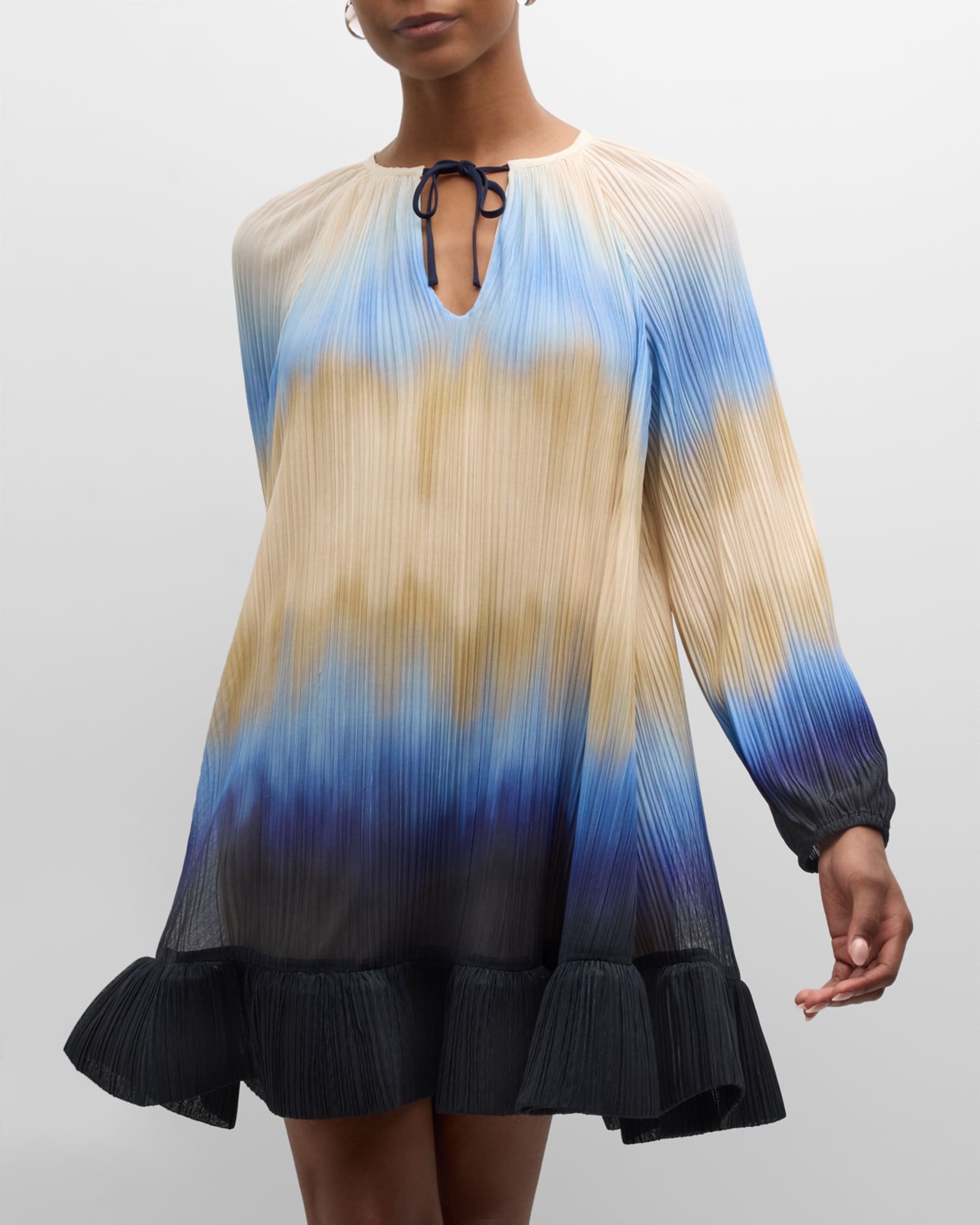 SIMKHAI Adasia Split-Neck Ruffle-Hem Mini Dress | Neiman Marcus