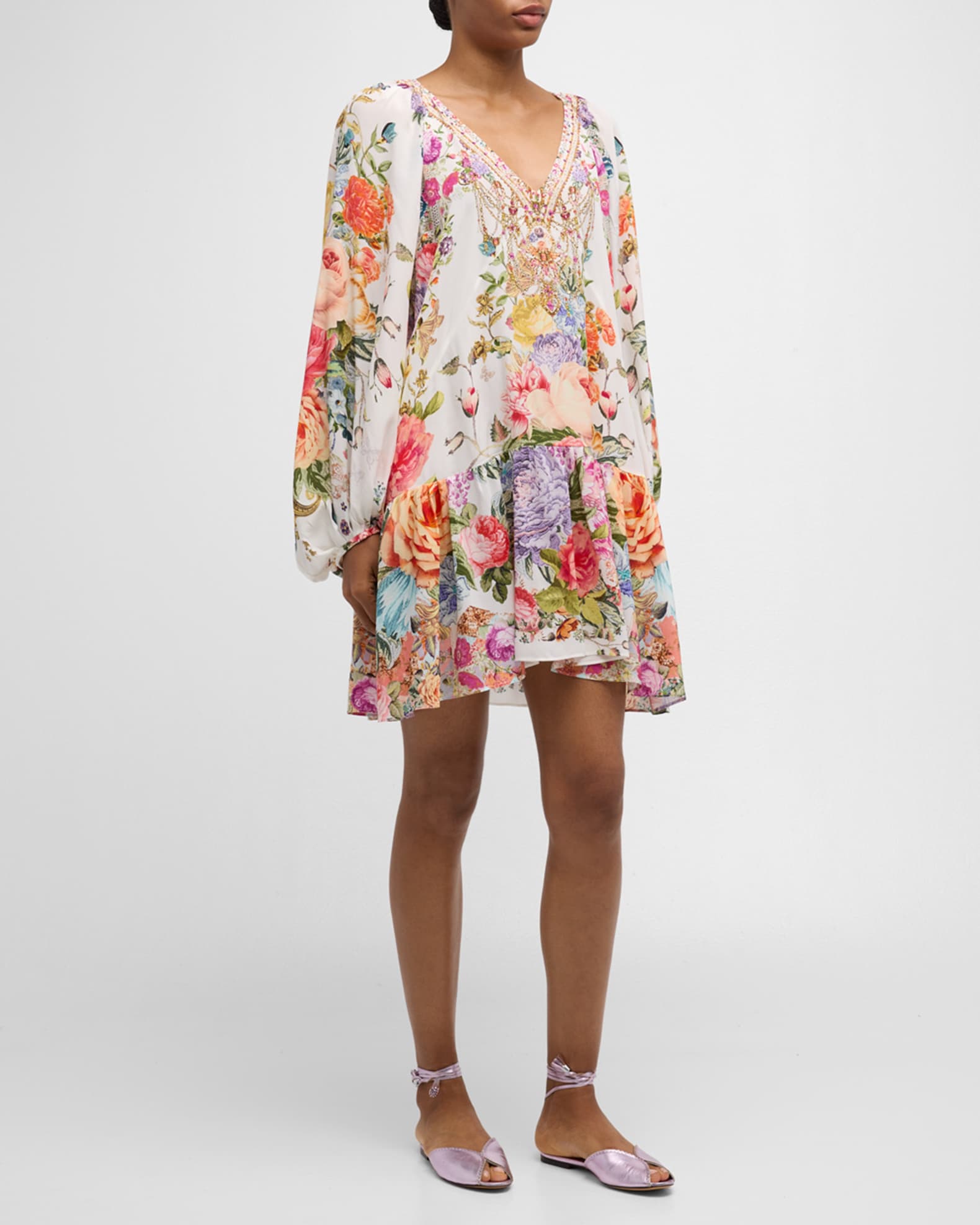 Camilla Sew Yesterday V-Neck Dress with Blouson Sleeves | Neiman Marcus