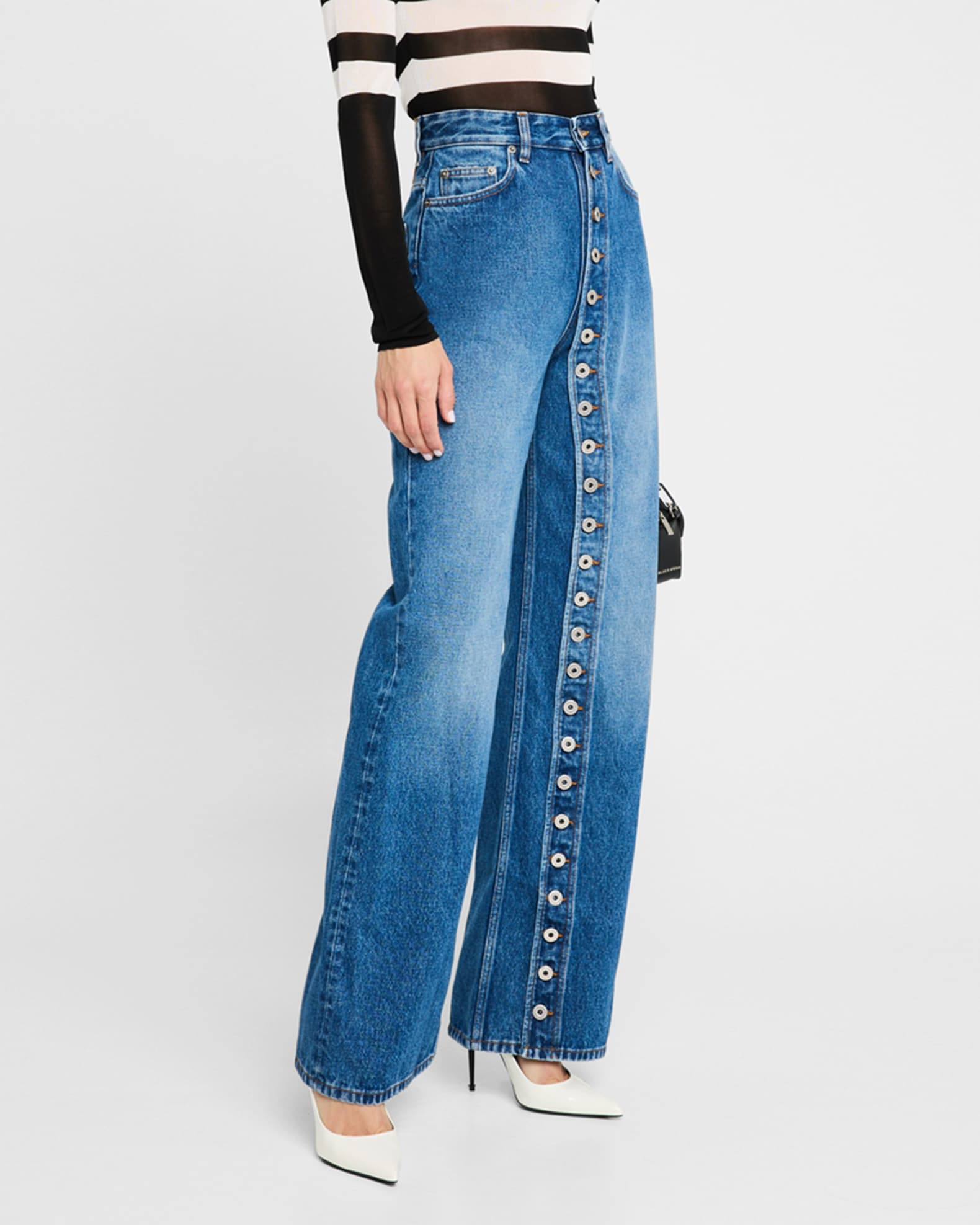 Jean Paul Gaultier Exposed Button Wide-Leg Denim Jeans | Neiman Marcus