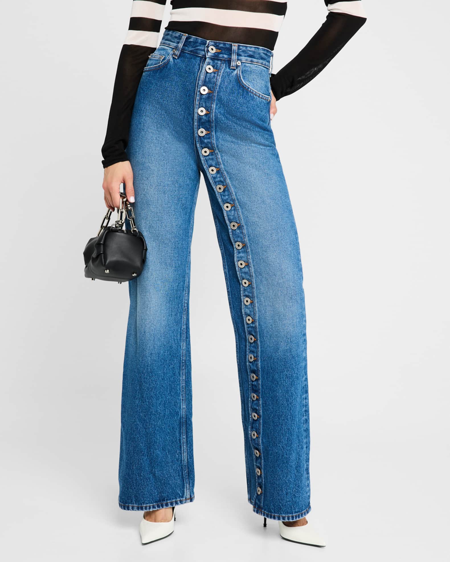 Jean Paul Gaultier Exposed Button Wide-Leg Denim Jeans | Neiman Marcus
