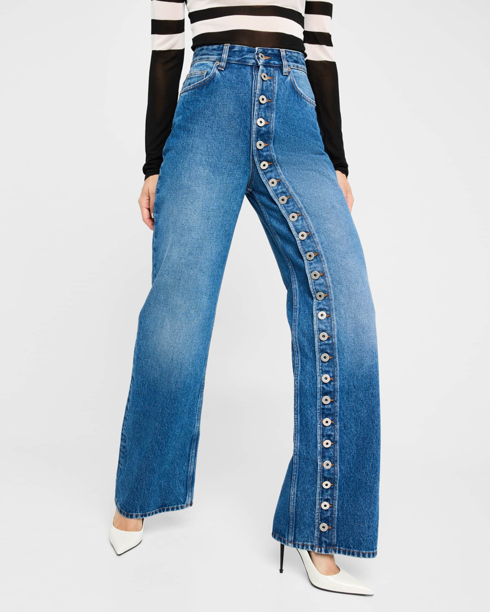 Jean Paul Gaultier Exposed Button Wide-Leg Denim Jeans | Neiman Marcus