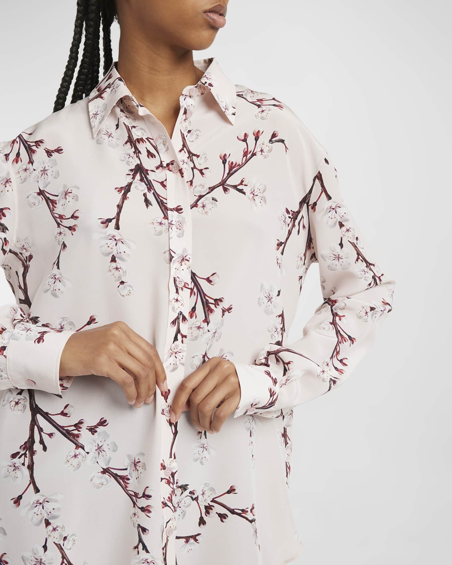 McQueen Cherry Blossom Print Button-Front Blouse | Neiman Marcus