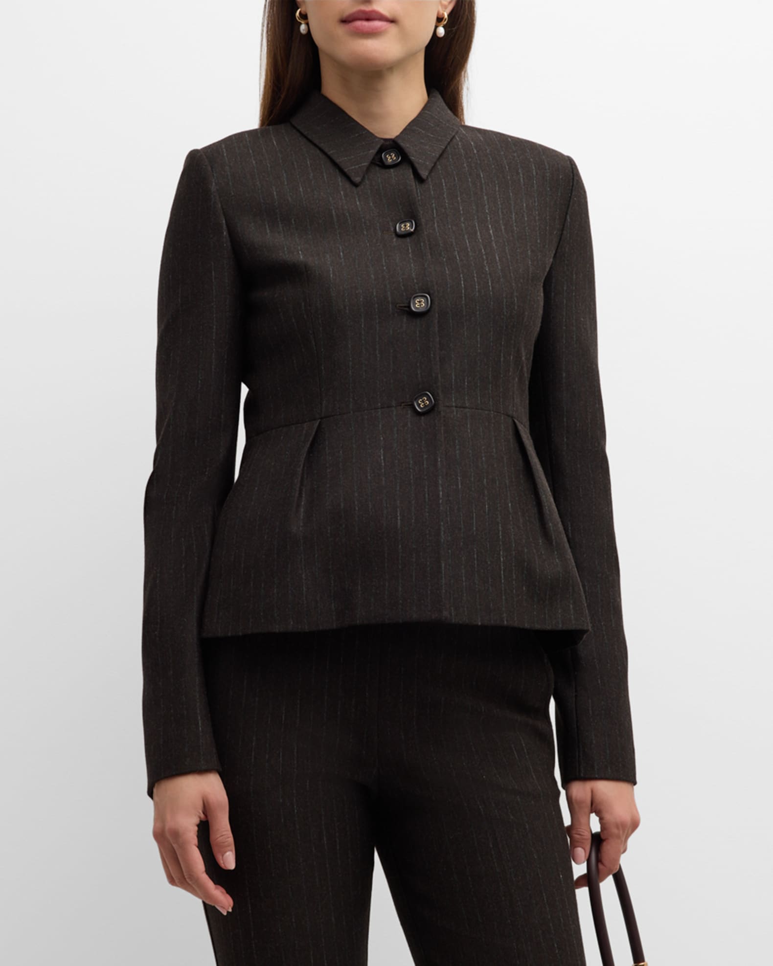 St. John Pinstripe Jersey Pintuck Peplum Jacket | Neiman Marcus
