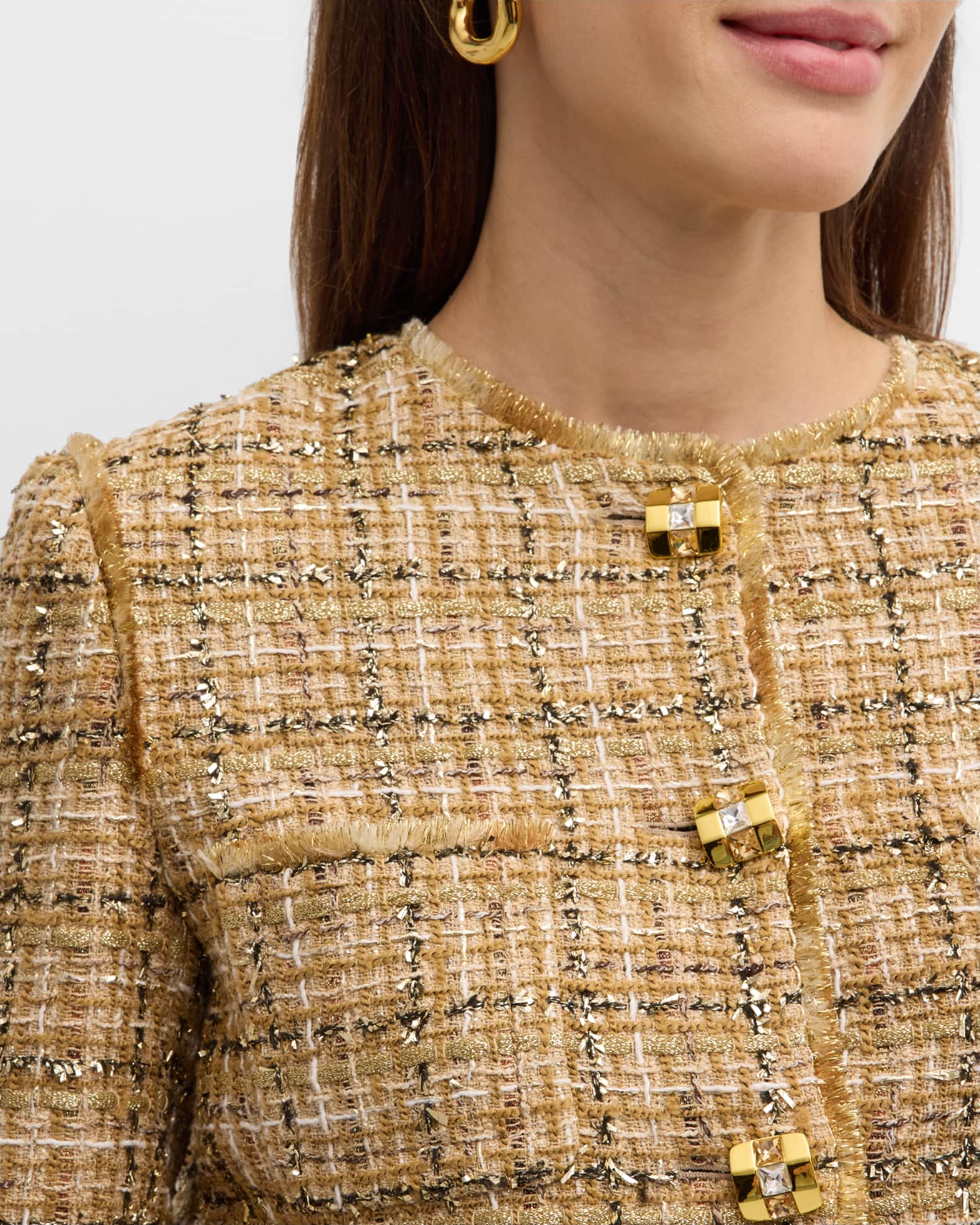 St. John Metallic Plaid Fringe Trim Jacket | Neiman Marcus