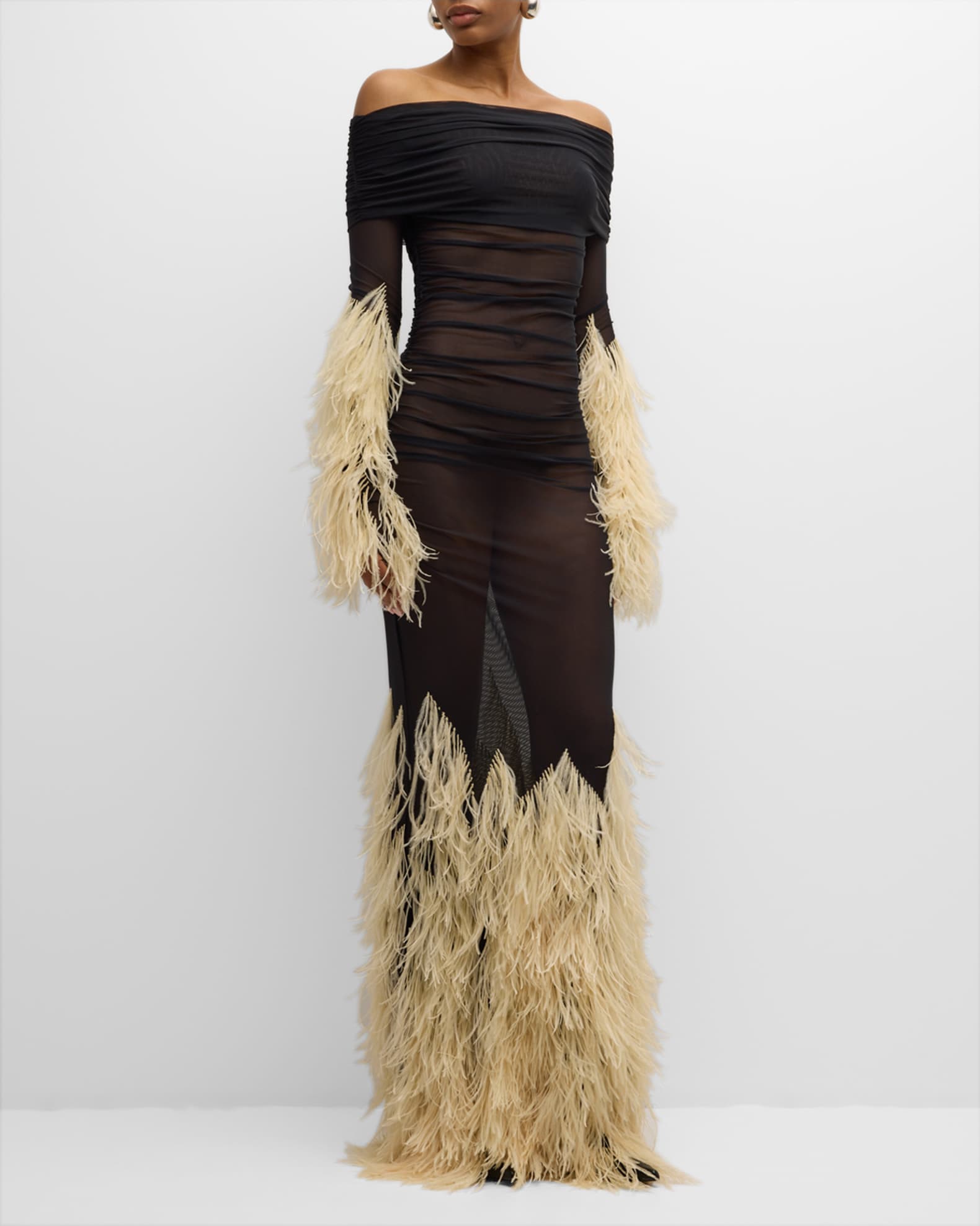 LAPOINTE Feather-Trim Mesh Off-The-Shoulder Mesh Gown | Neiman Marcus