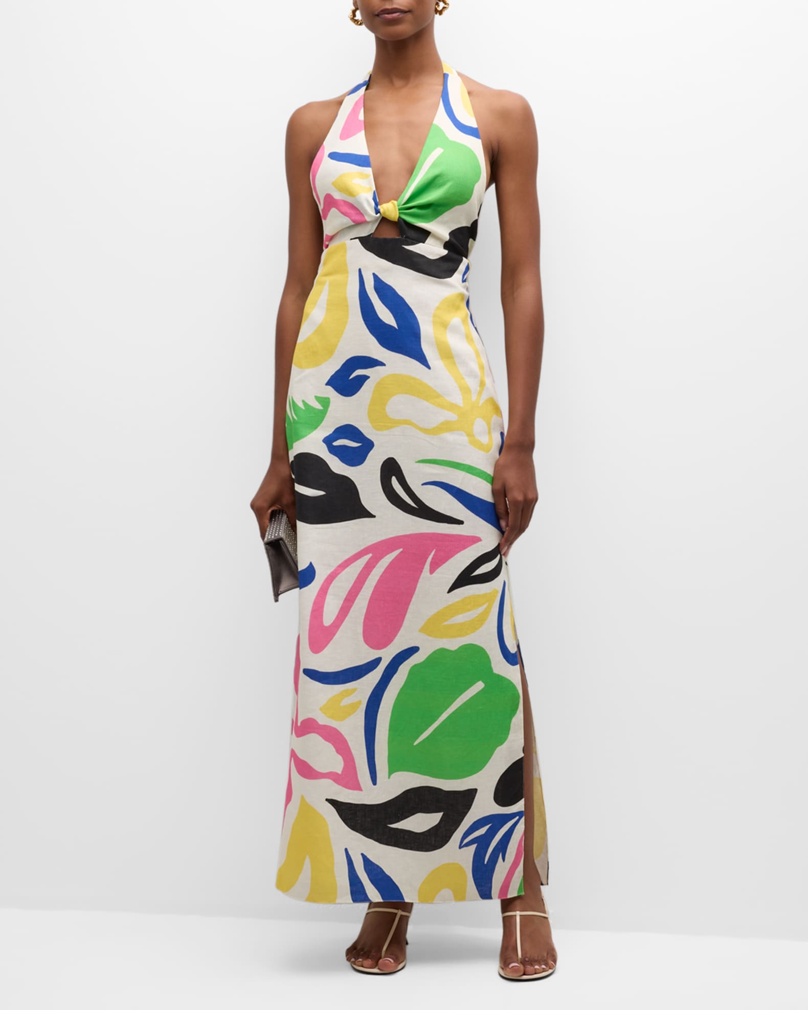 Cala de la Cruz Eli Floral Linen Long Backless Halter Dress | Neiman Marcus